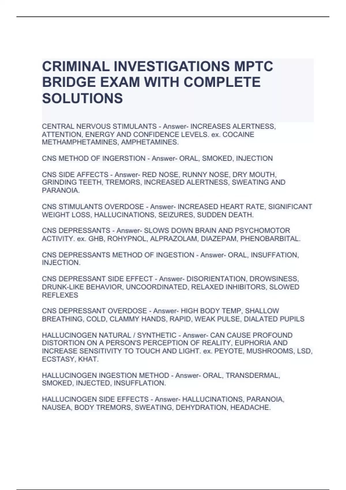 CRIMINAL INVESTIGATIONS MPTC BRIDGE EXAM WITH COMPLETE SOLUTIONS ...