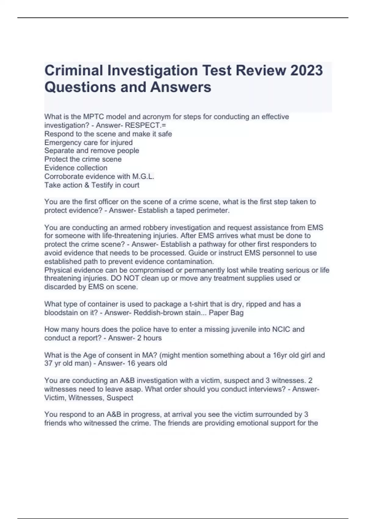 Criminal Investigation Test Review 2023 Questions and Answers ...