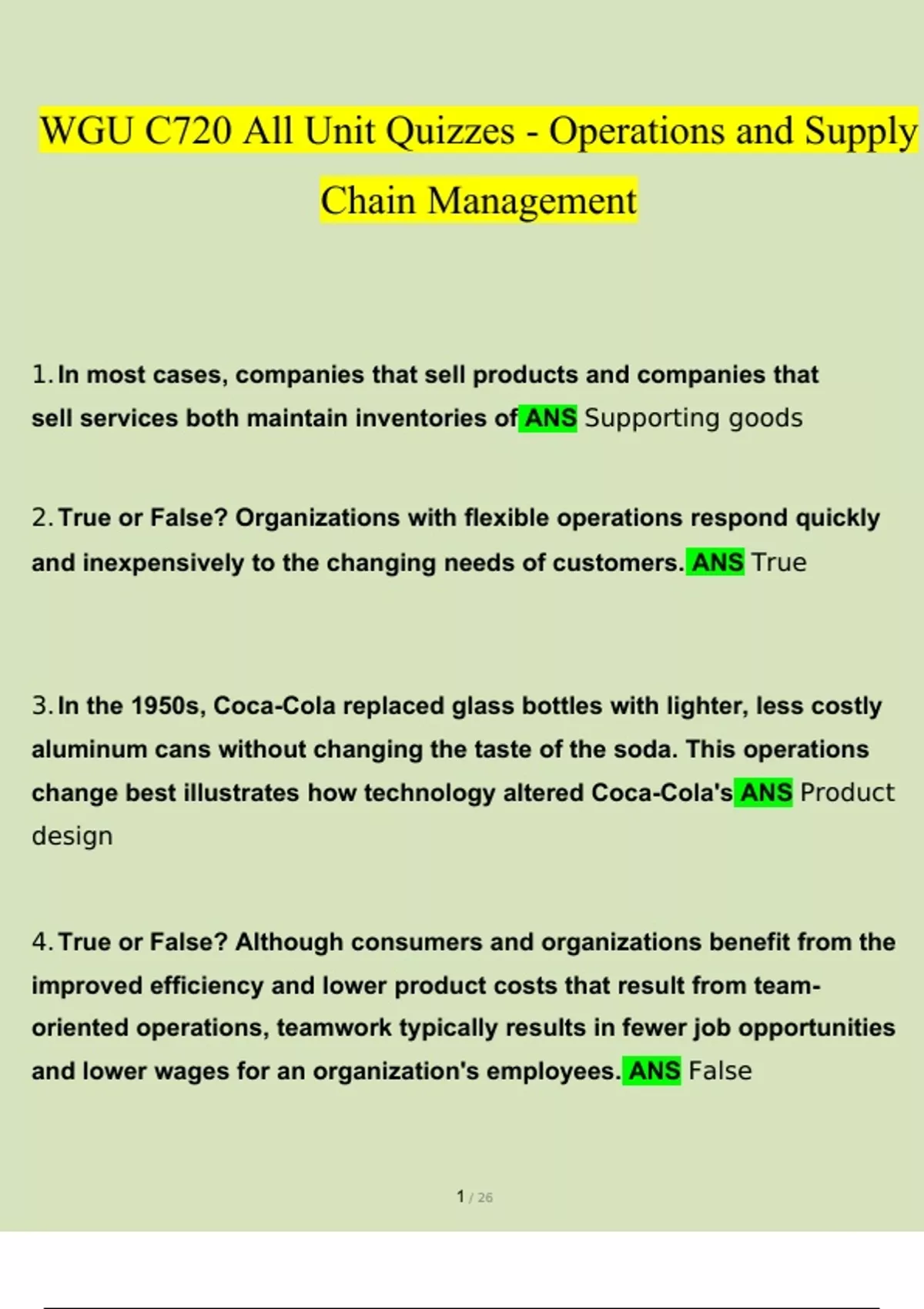 WGU C720 All Unit Quizzes - Operations and Supply Chain Management ...