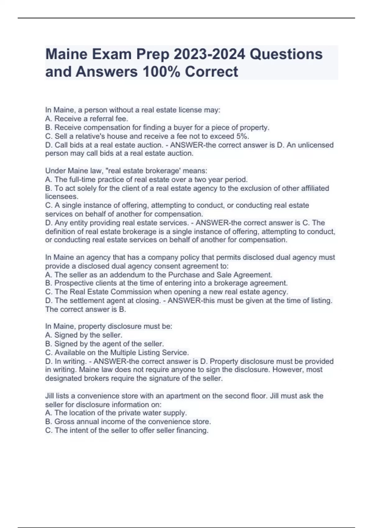 Maine Exam Prep Questions and Answers 100% Correct - Maine - Stuvia FR