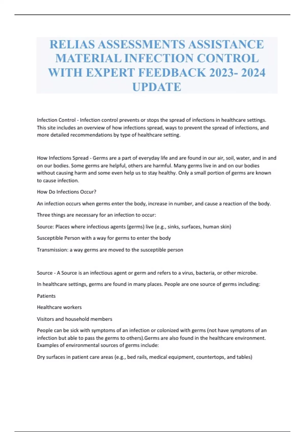 RELIAS ASSESSMENTS ASSISTANCE MATERIAL INFECTION CONTROL WITH EXPERT ...