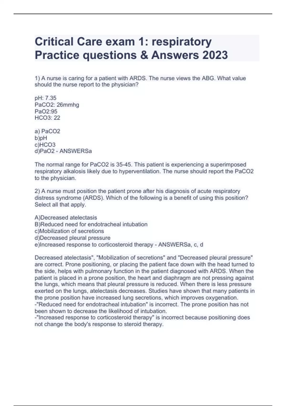 Critical Care exam 1: respiratory Practice questions & Answers 2023 ...