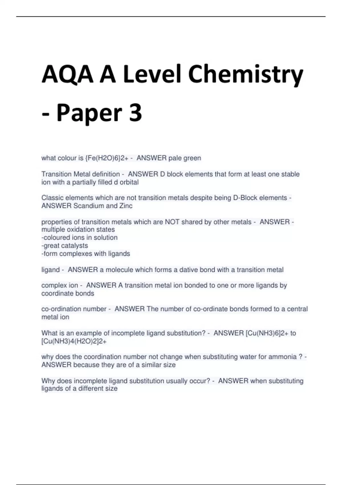 AQA A Level Chemistry - Paper 3AQA A Level Chemistry - Paper 3 final exams and v - AQA A Level ...