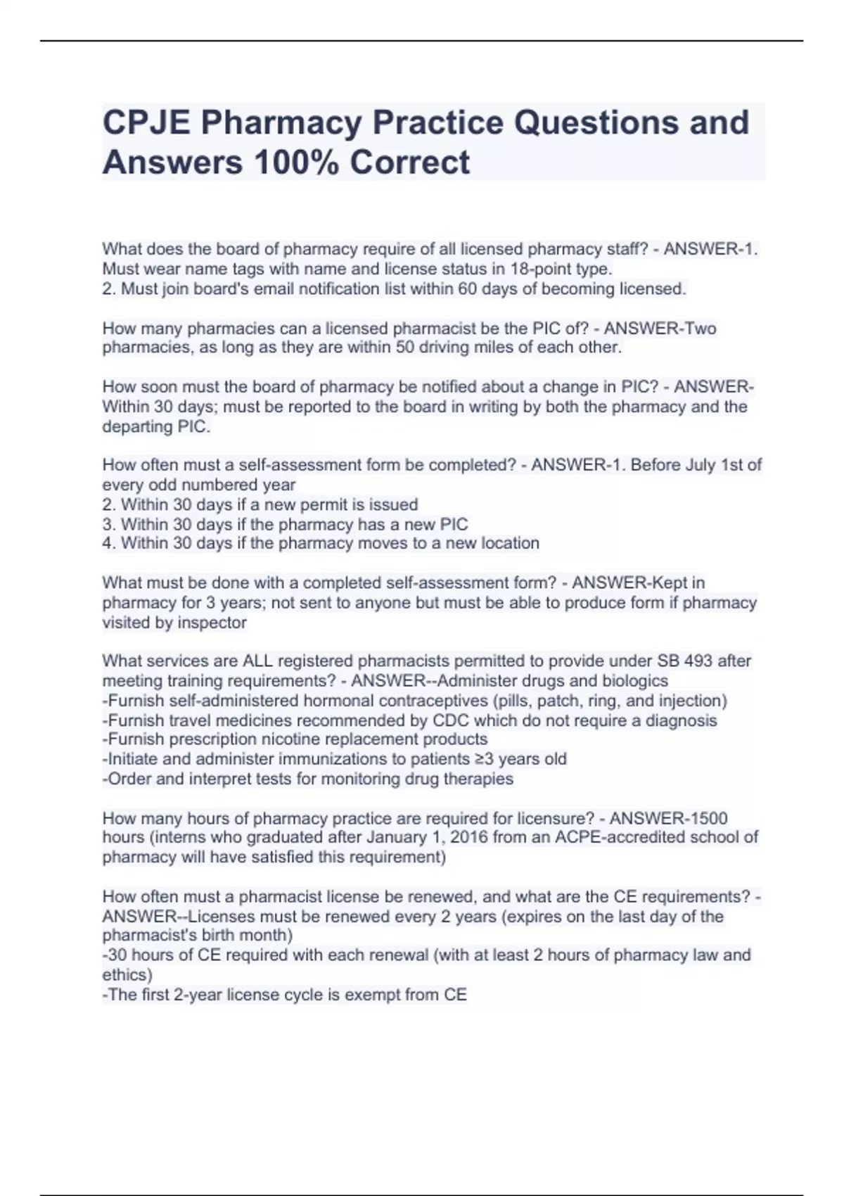 CPJE Pharmacy Practice Questions and Answers 100% Correct - CPJE ...