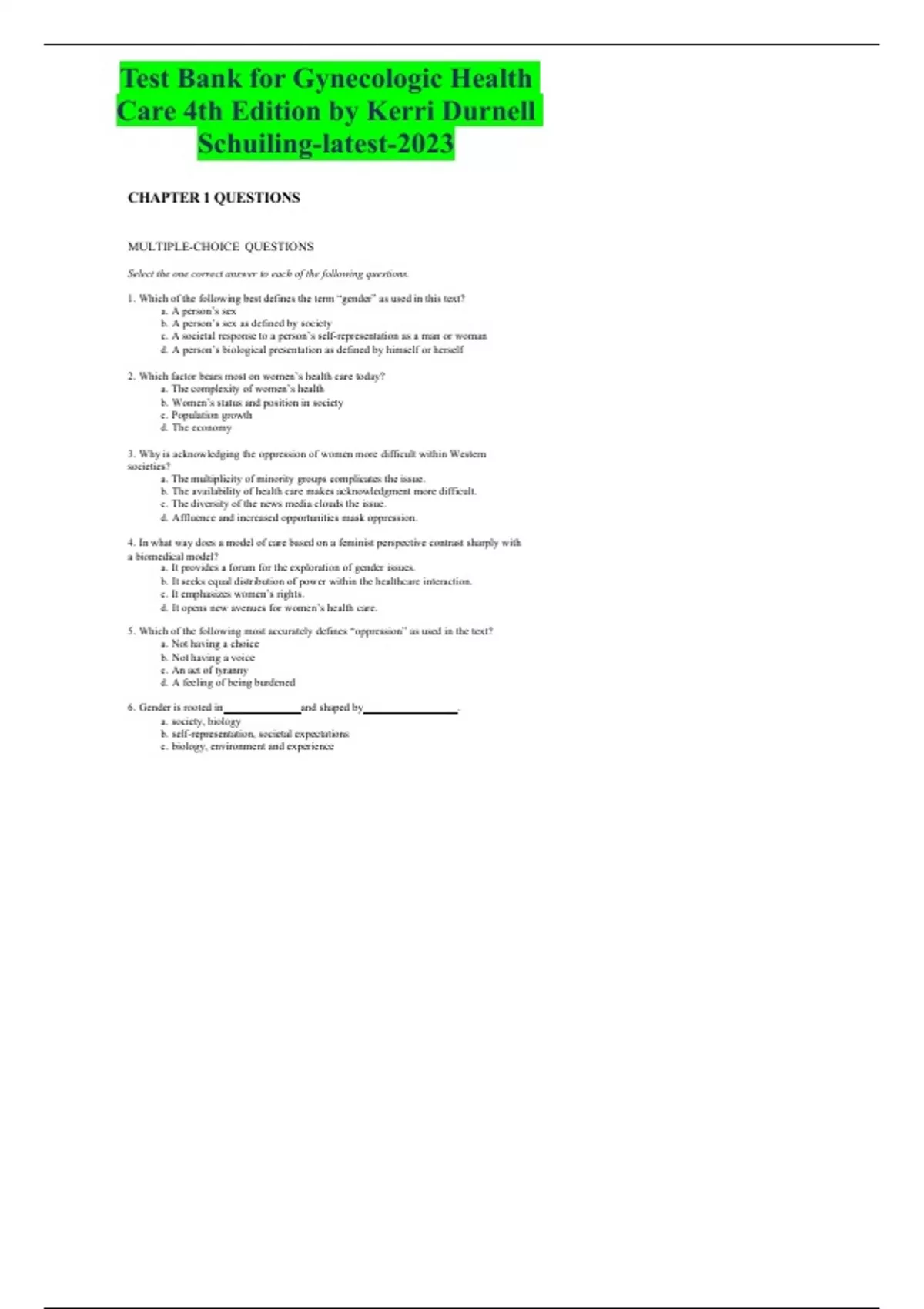 Test Bank for Gynecologic Health Care 4th Edition by Kerri Durnell ...