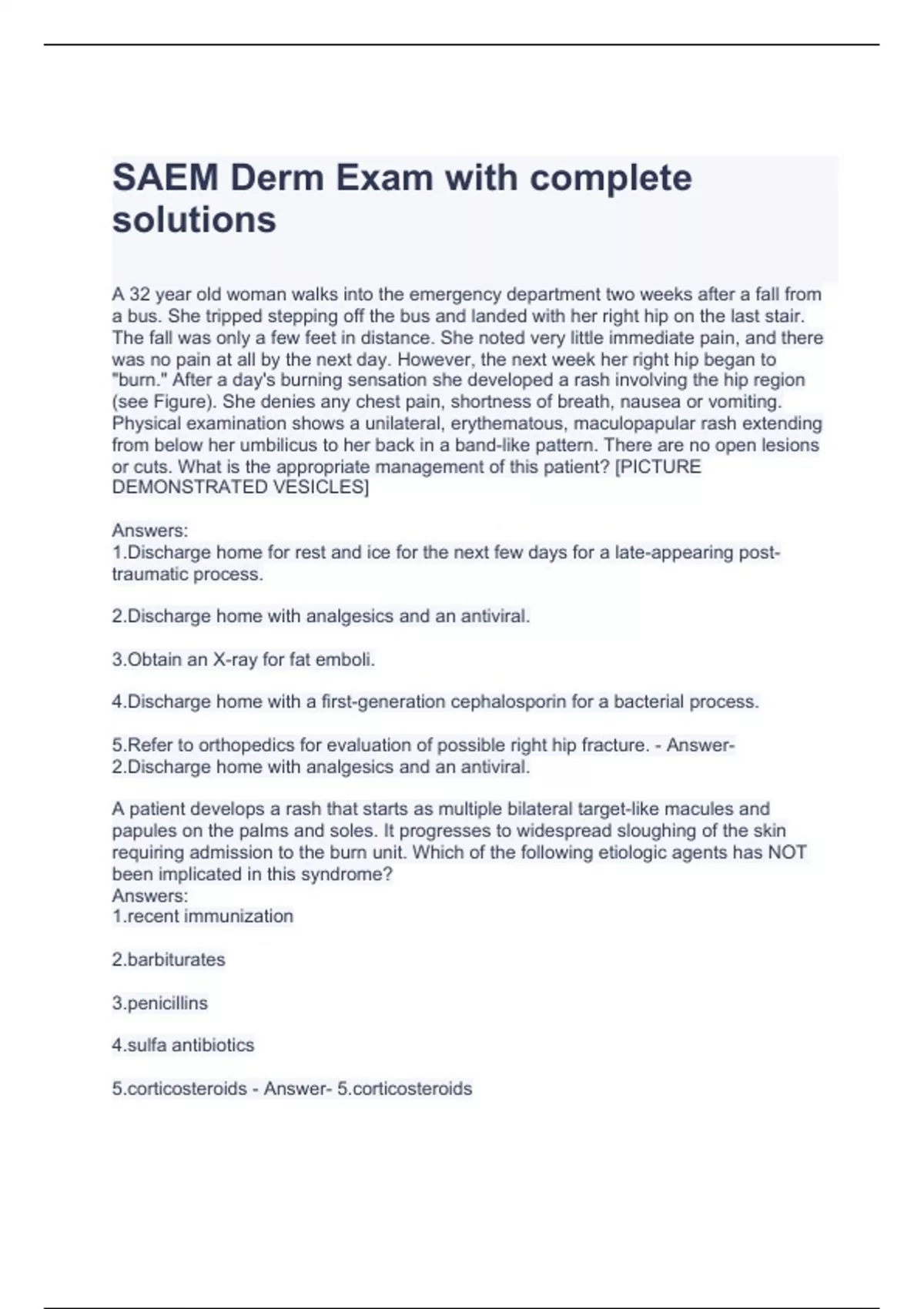 SAEM Derm Exam with complete solutions - SAEM - Stuvia US