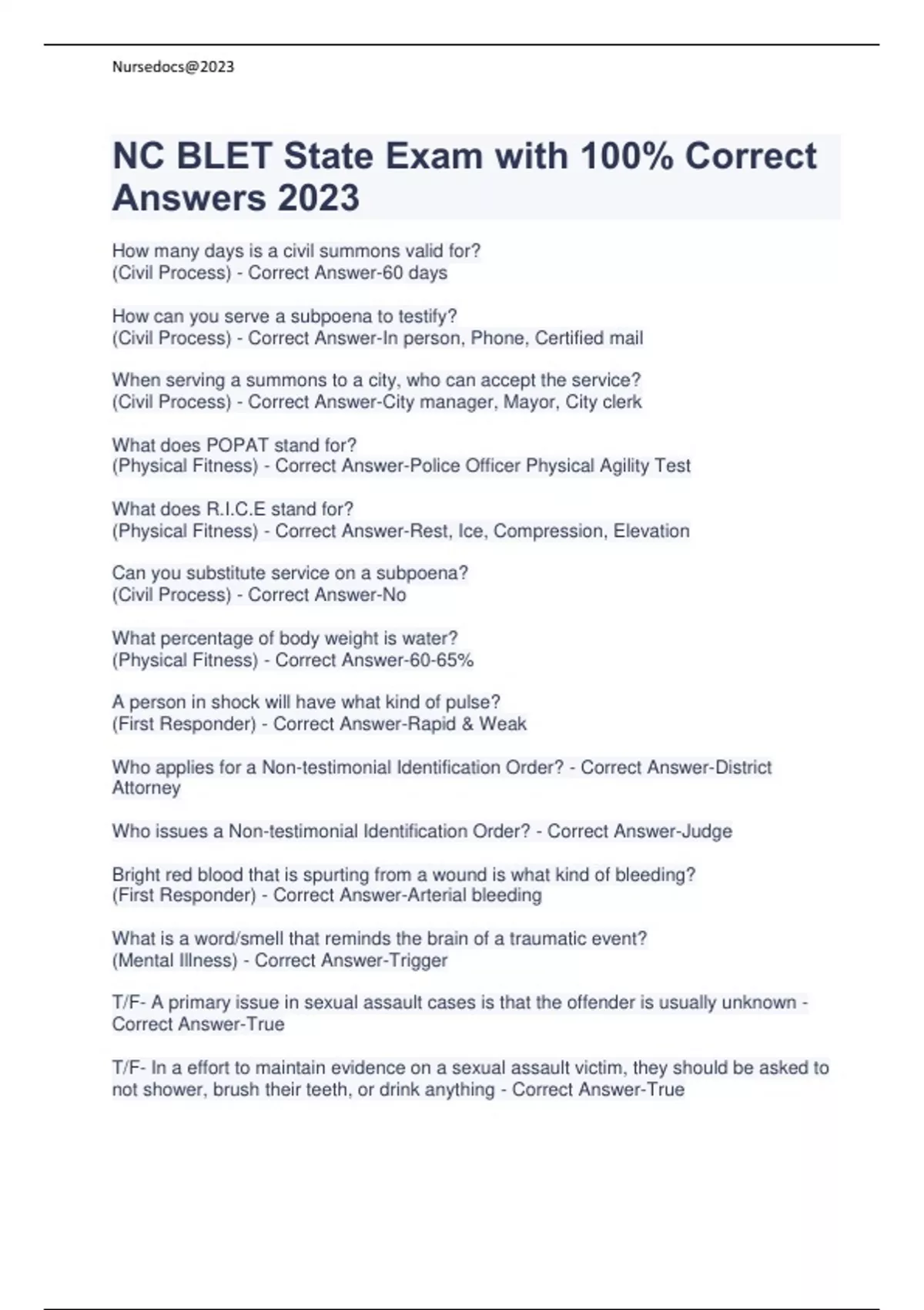 NC BLET State Exam Questions And Answers (2023 – 2024) With Complete ...