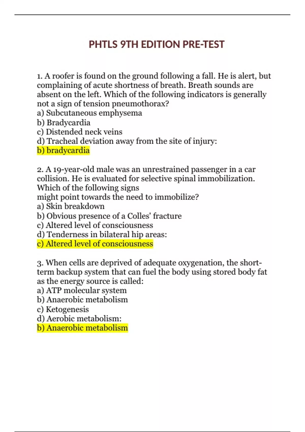 PHTLS Pre-Test, 9th Edition Questions and Answers (2023) (Verified ...