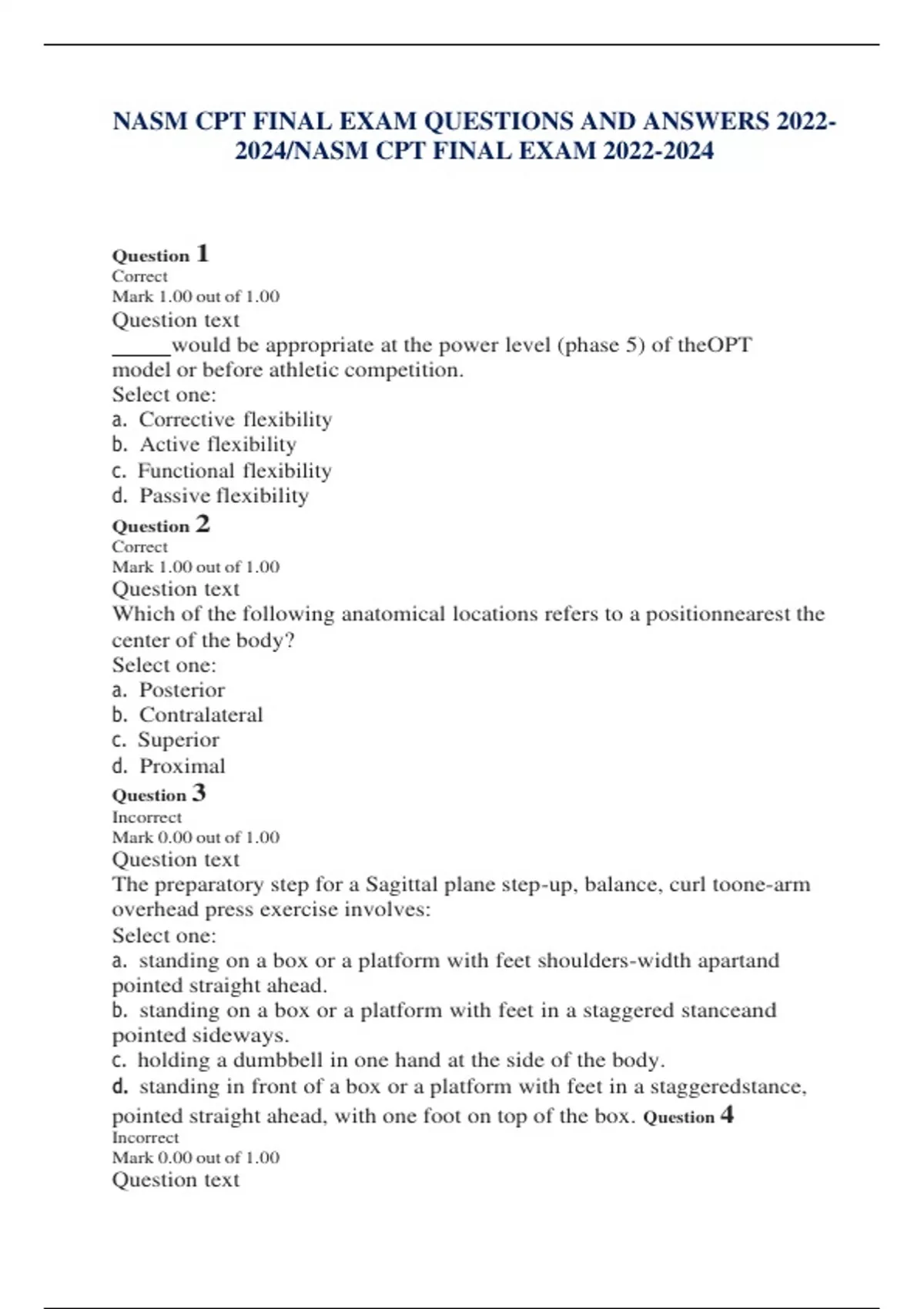 NASM CPT FINAL EXAM QUESTIONS AND ANSWERS /NASM CPT FINAL EXAM - NASM CPT - Stuvia US