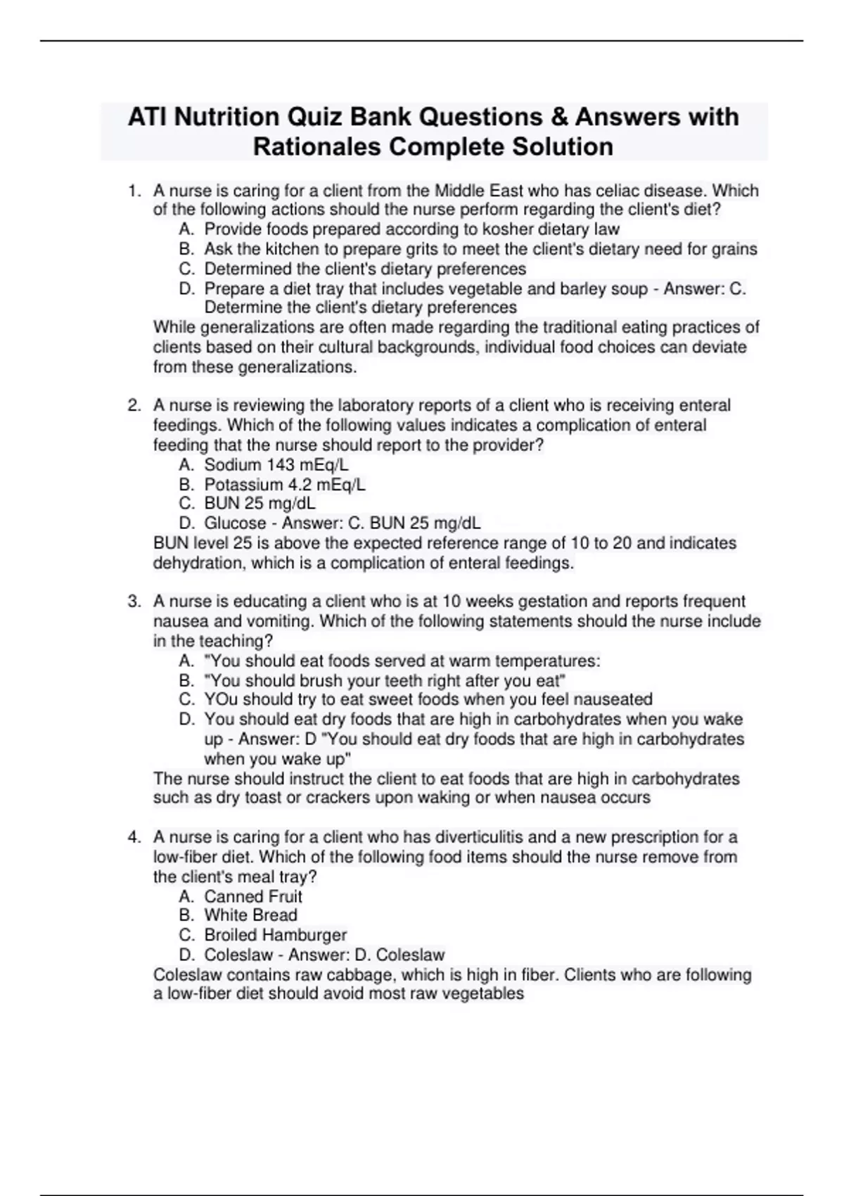 ATI Nutrition Quiz Bank Questions & Answers with Rationales Complete Solution - NR 443 - Stuvia US
