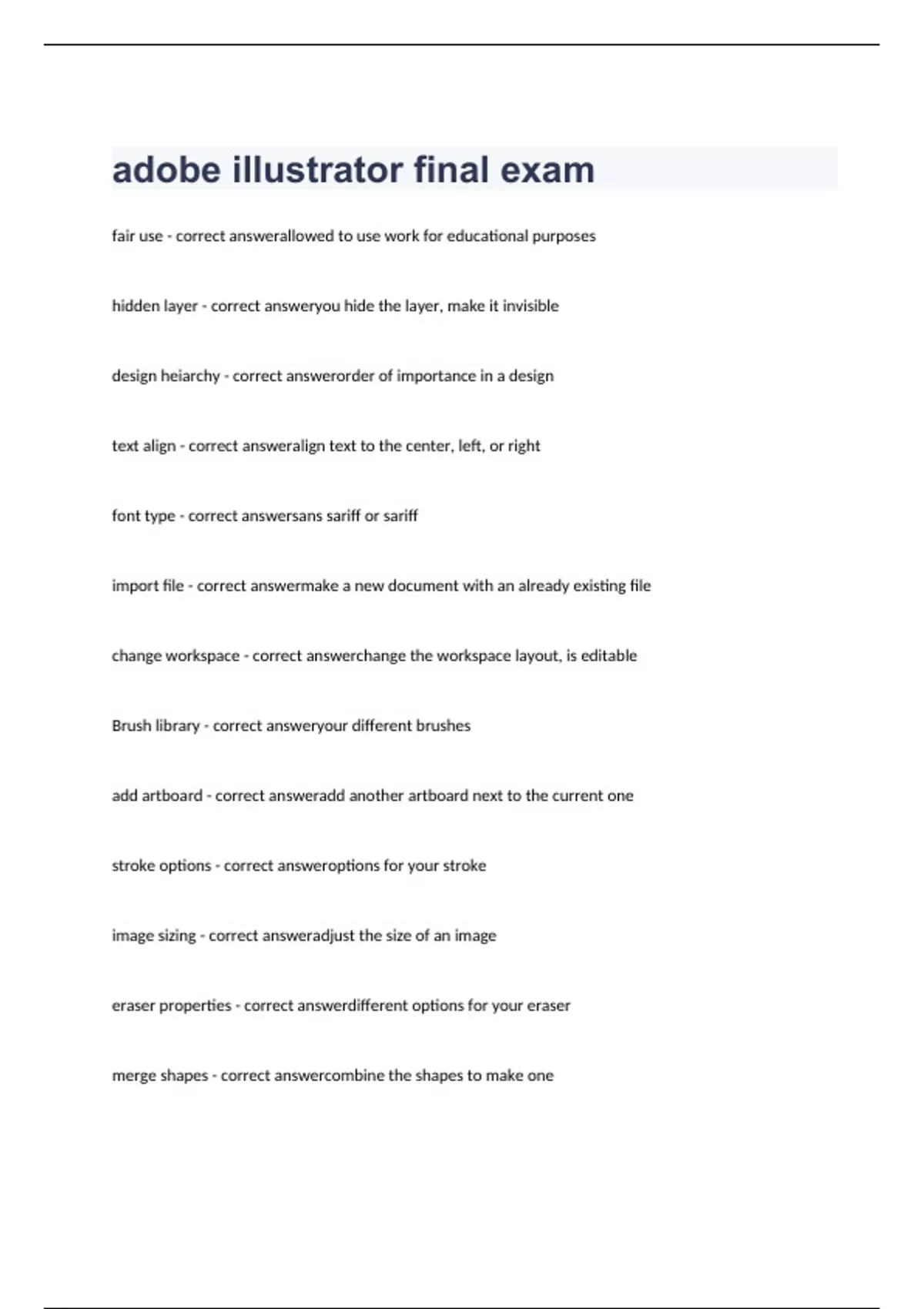 adobe illustrator final exam 2023 with 100% verified accurate answers ...
