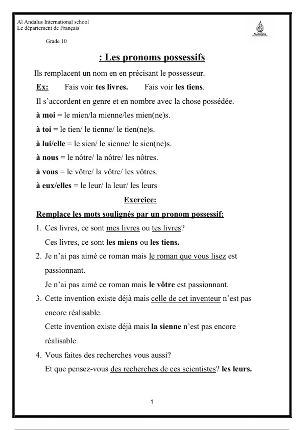 Les Pronoms Possessifs - French - Stuvia US