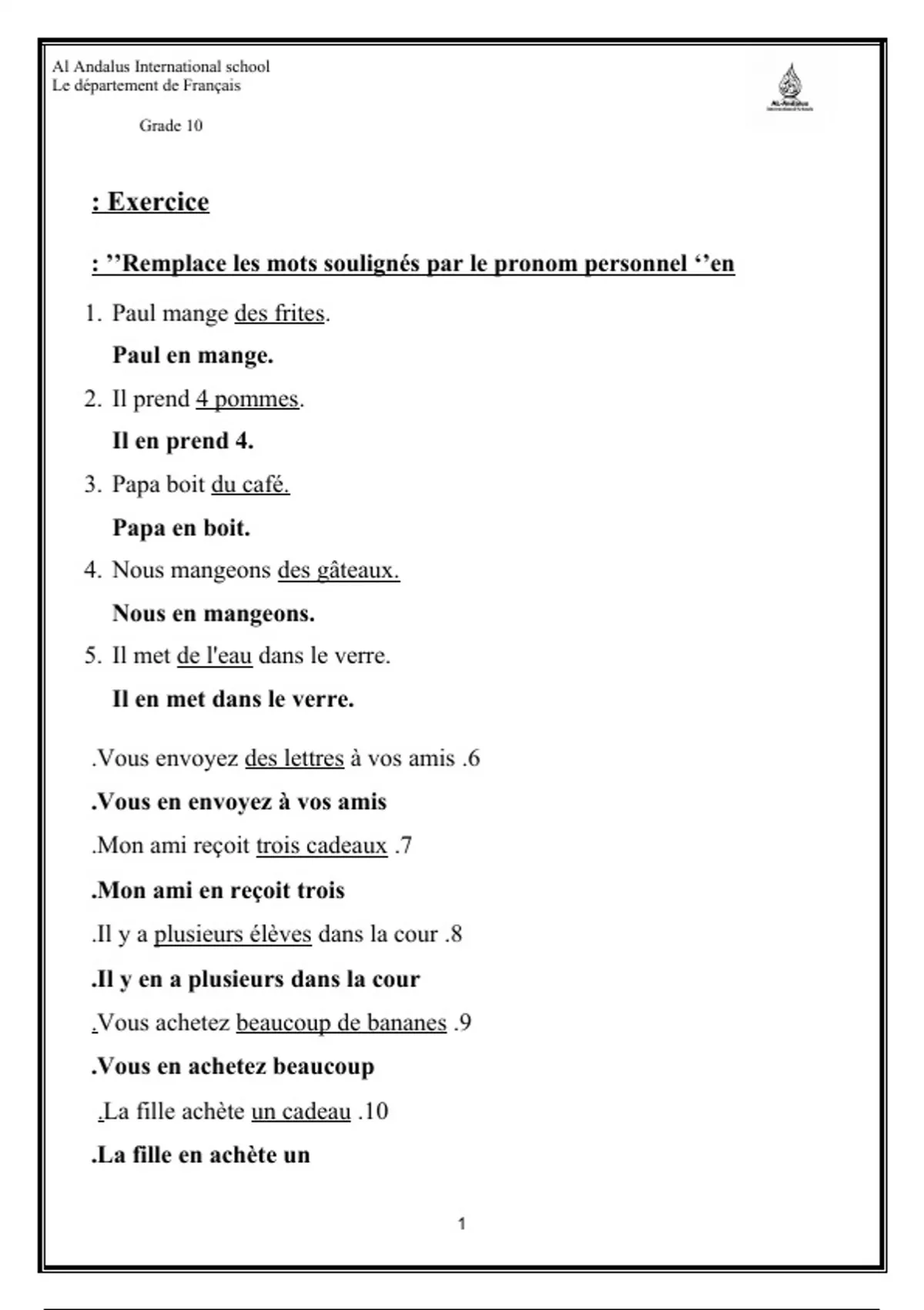Le Pronom "en" - French - Stuvia US