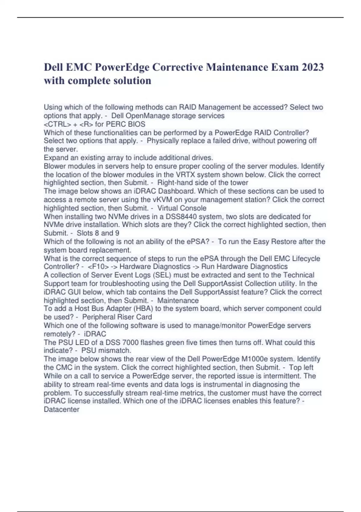 Dell EMC PowerEdge Corrective Maintenance Exam 2023 with complete ...