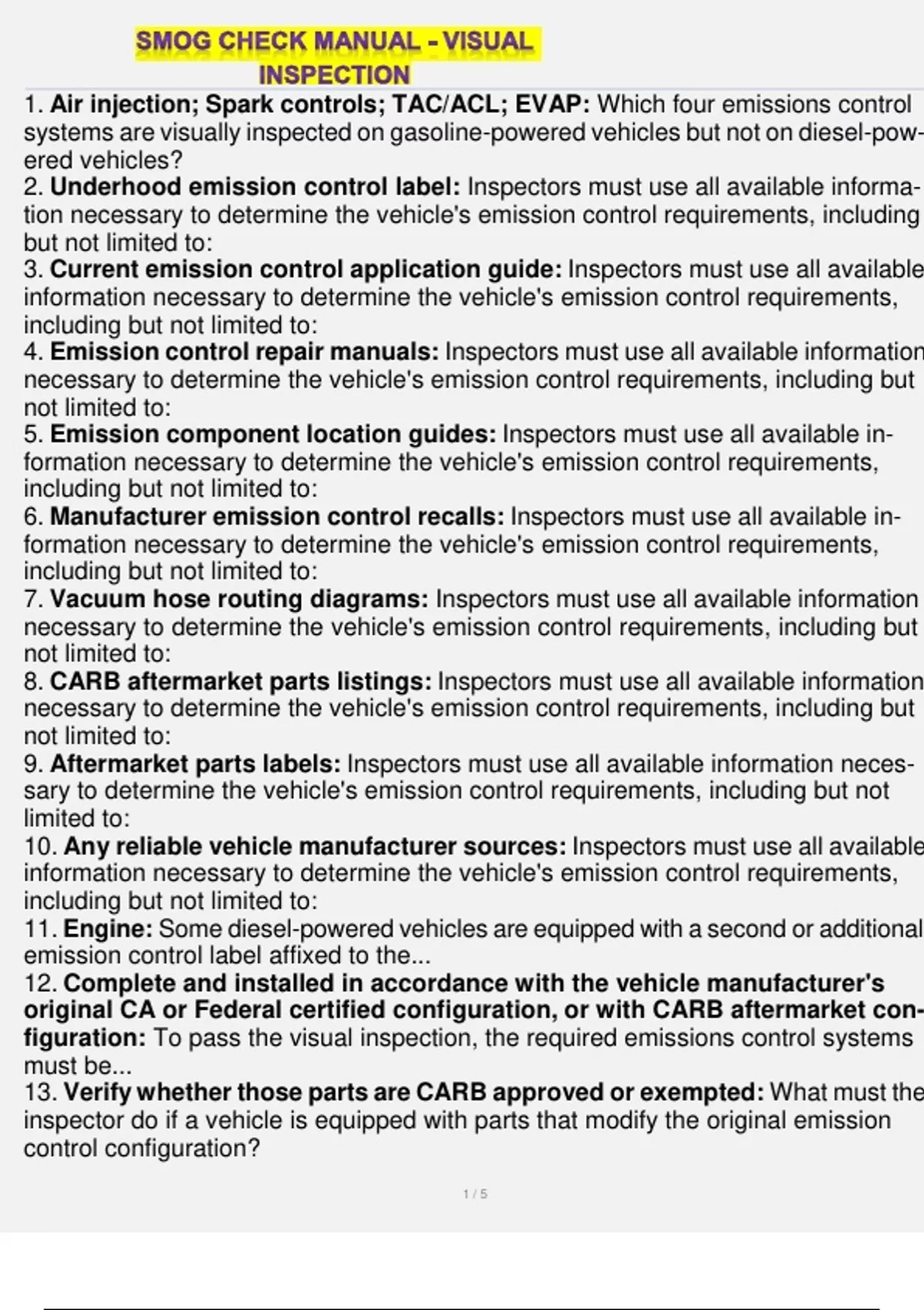 Smog Check Manual - Visual Inspection 1. Air injection; Spark controls ...