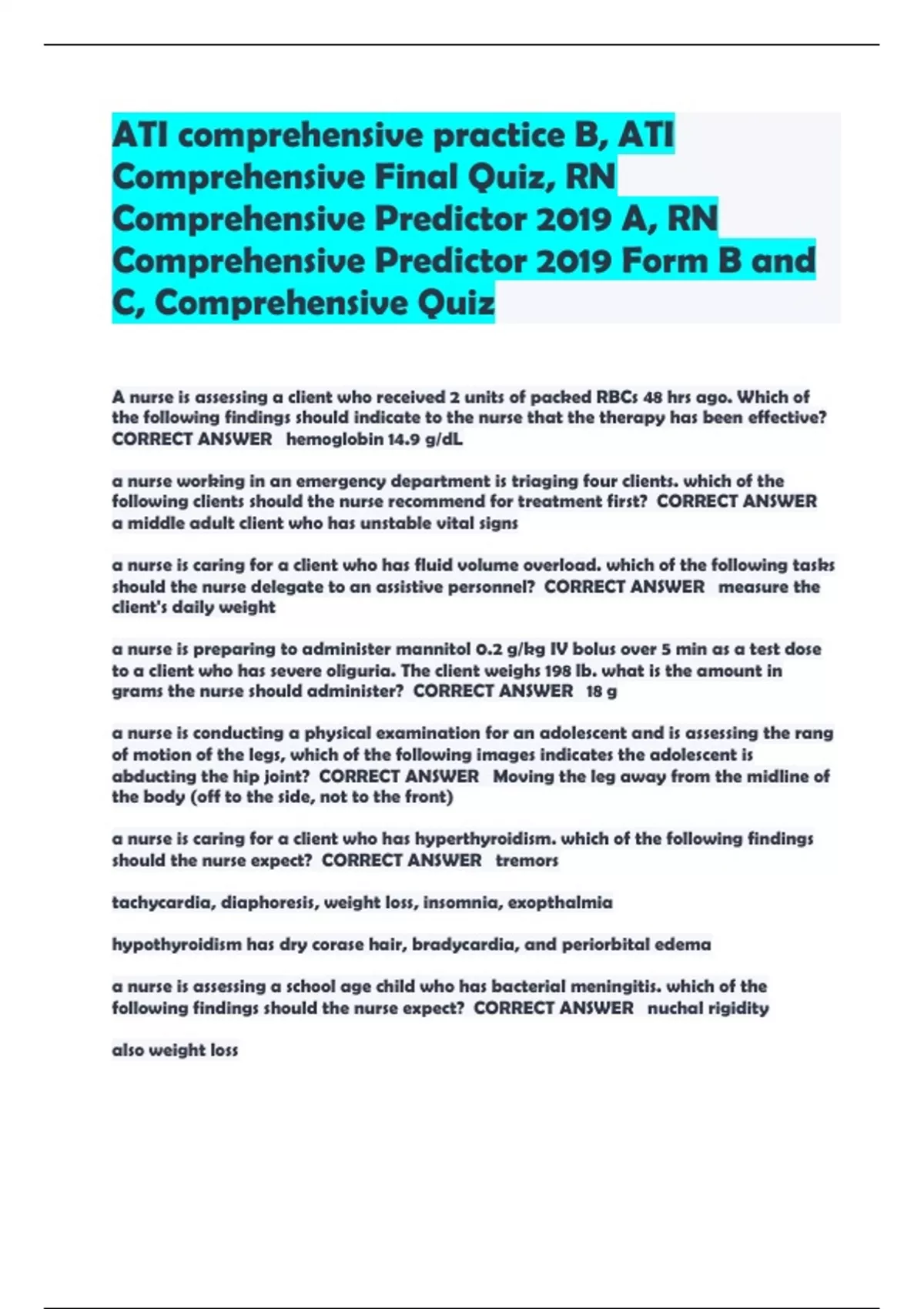 Ati Comprehensive Practice B Ati Comprehensive Final Quiz Rn Comprehensive Predictor 2019 A