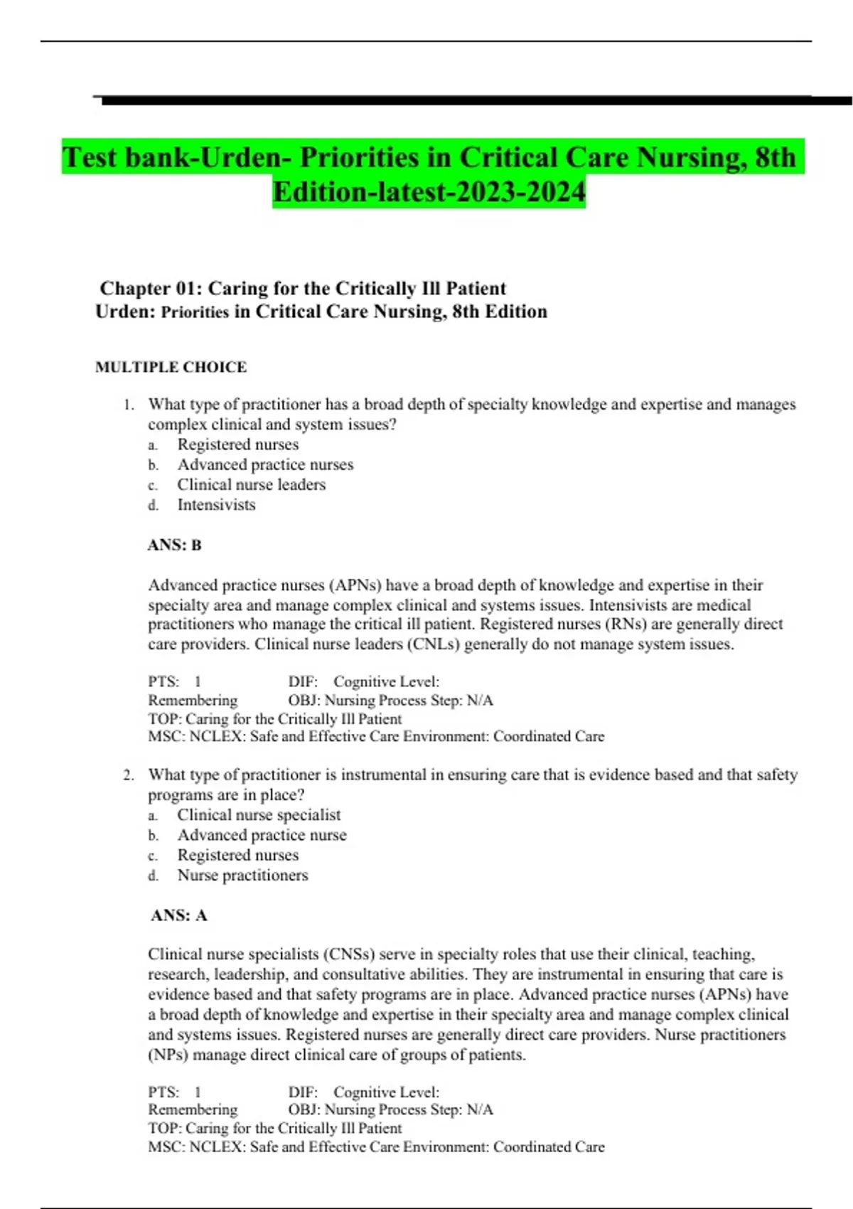 Test bank-Urden- Priorities in Critical Care Nursing, 8th Edition ...
