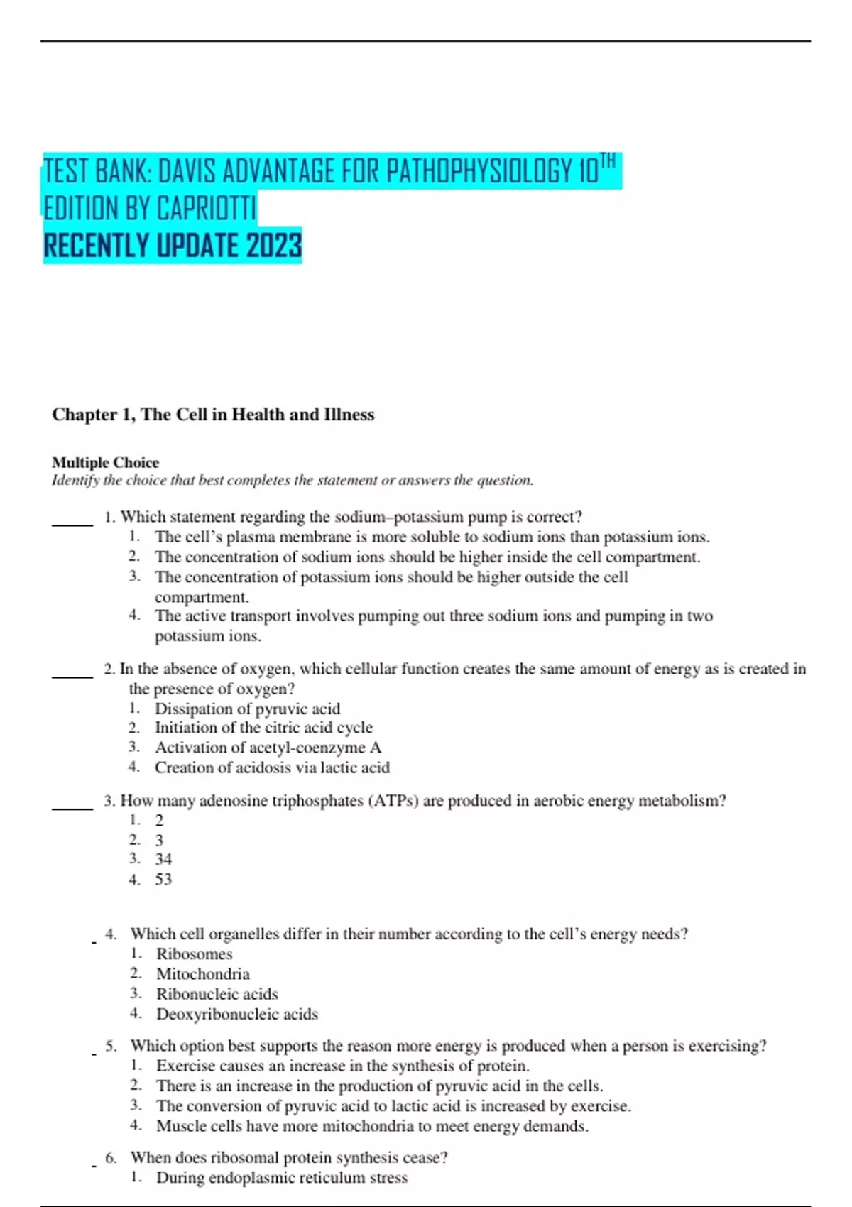 TEST BANK: DAVIS ADVANTAGE FOR PATHOPHYSIOLOGY 10TH EDITION BY ...