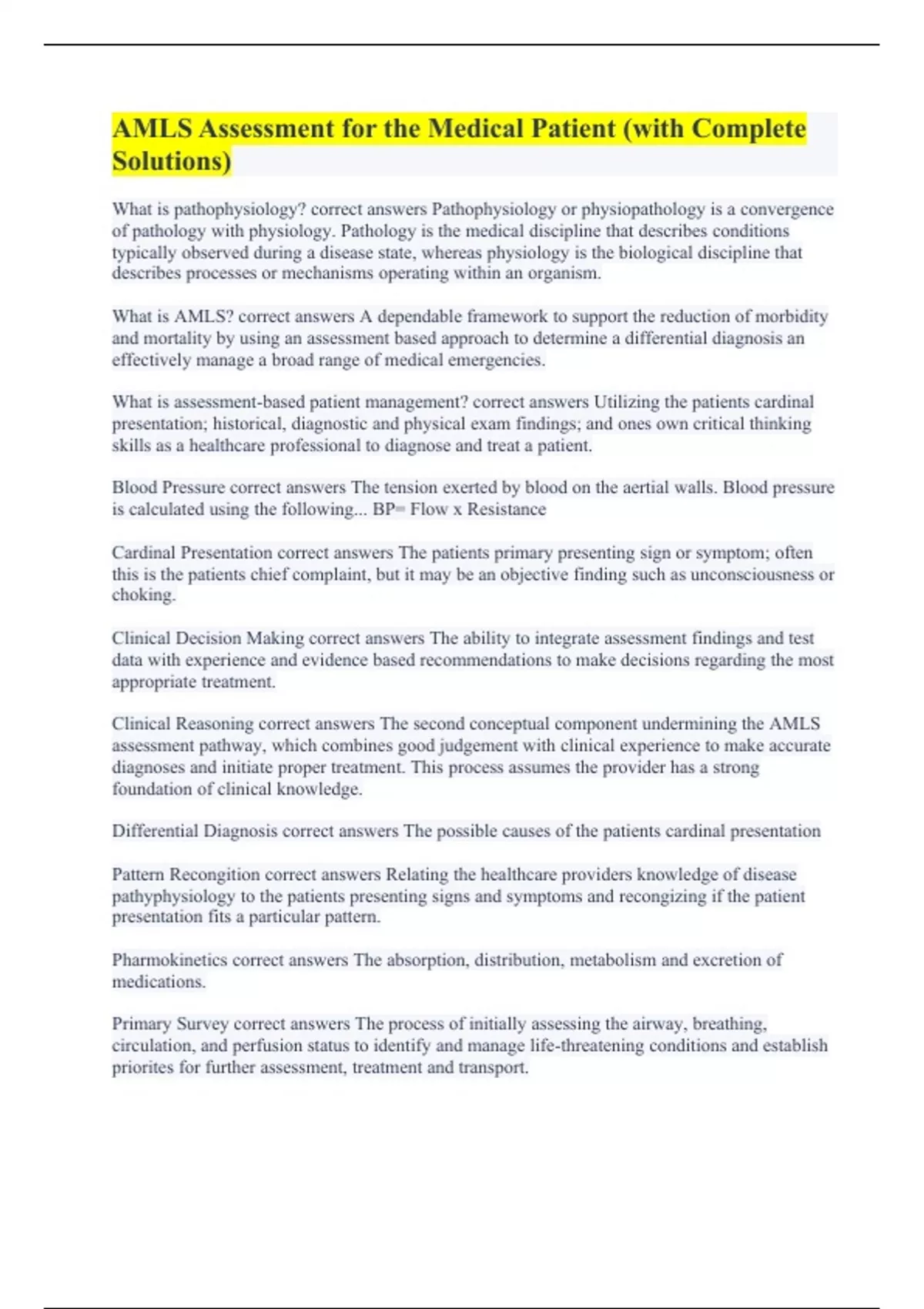 AMLS Assessment for the Medical Patient (with Complete Solutions ...