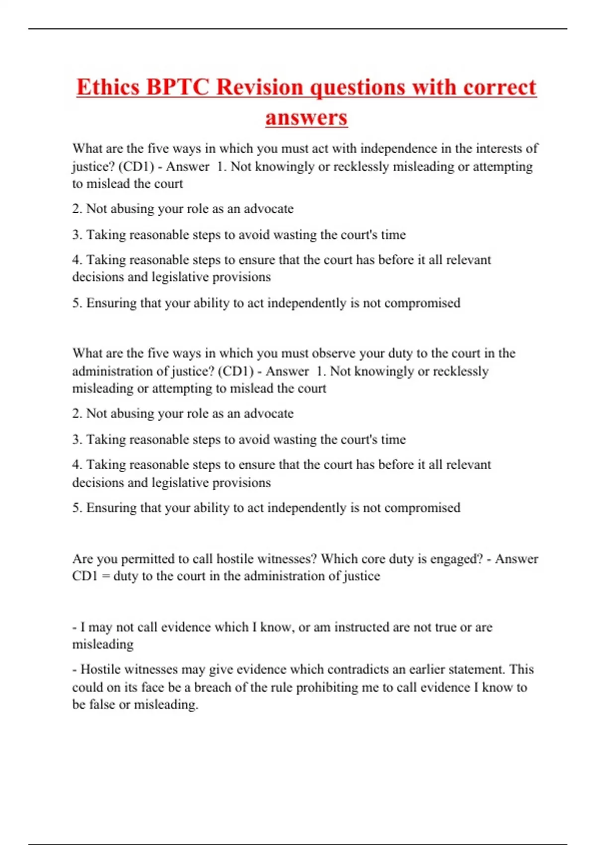 Ethics BPTC Revision questions with correct answers - BPTC - Stuvia US