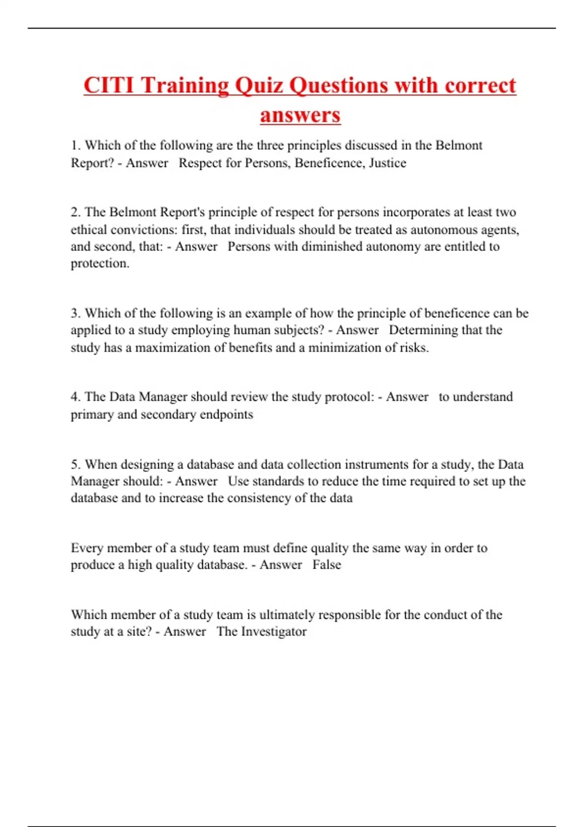 CITI Training Quiz Questions with correct answers - CITI Good Practice ...