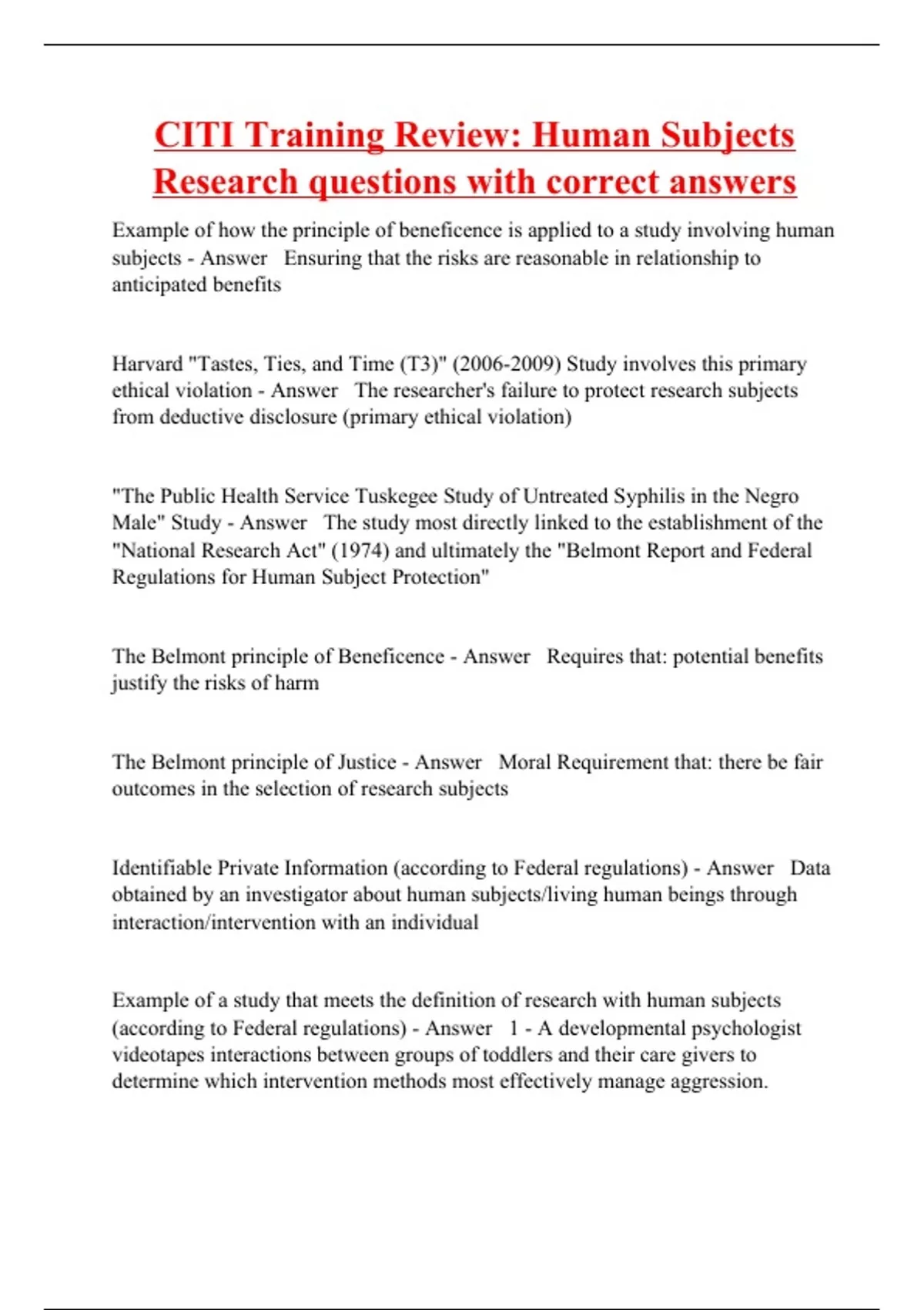 CITI Training Review: Human Subjects Research questions with correct ...