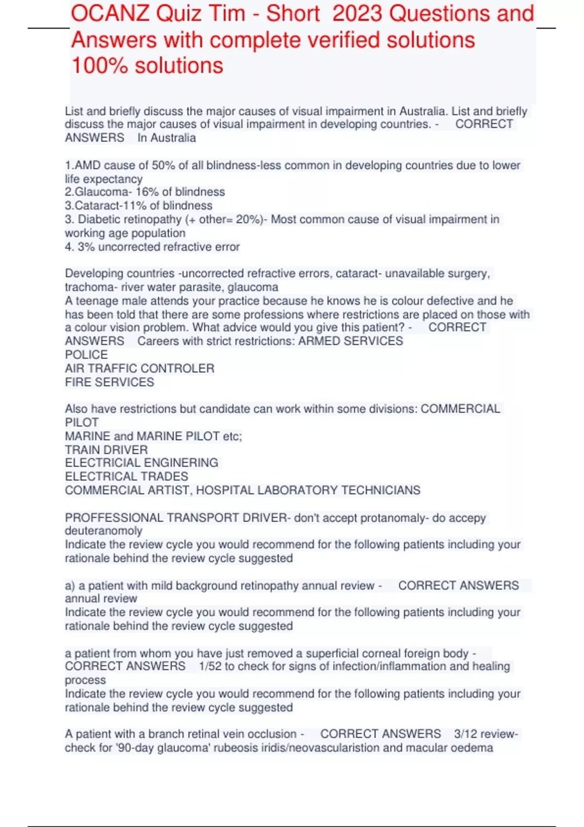 OCANZ Quiz Tim - Short 2023 Questions and Answers with complete verified solutions 100% ...