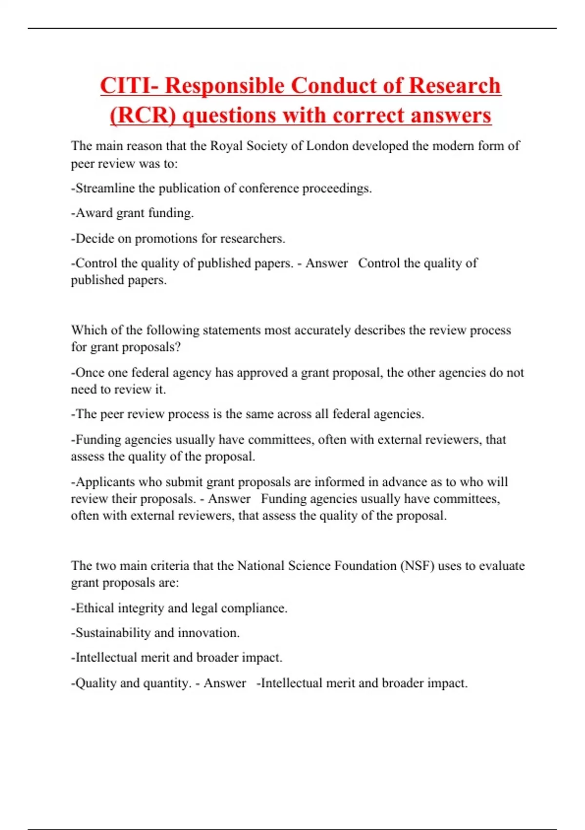 CITI- Responsible Conduct of Research (RCR) questions with correct ...