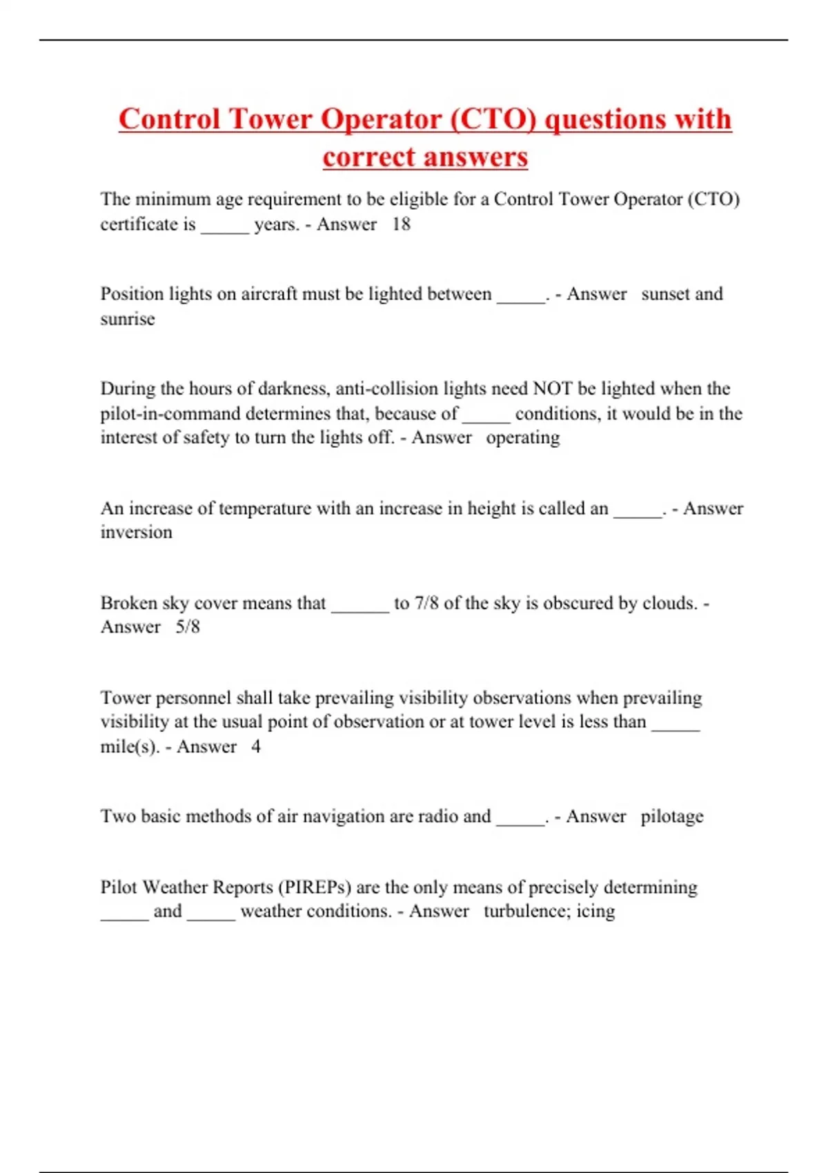 Control Tower Operator (CTO) questions with correct answers - Control ...
