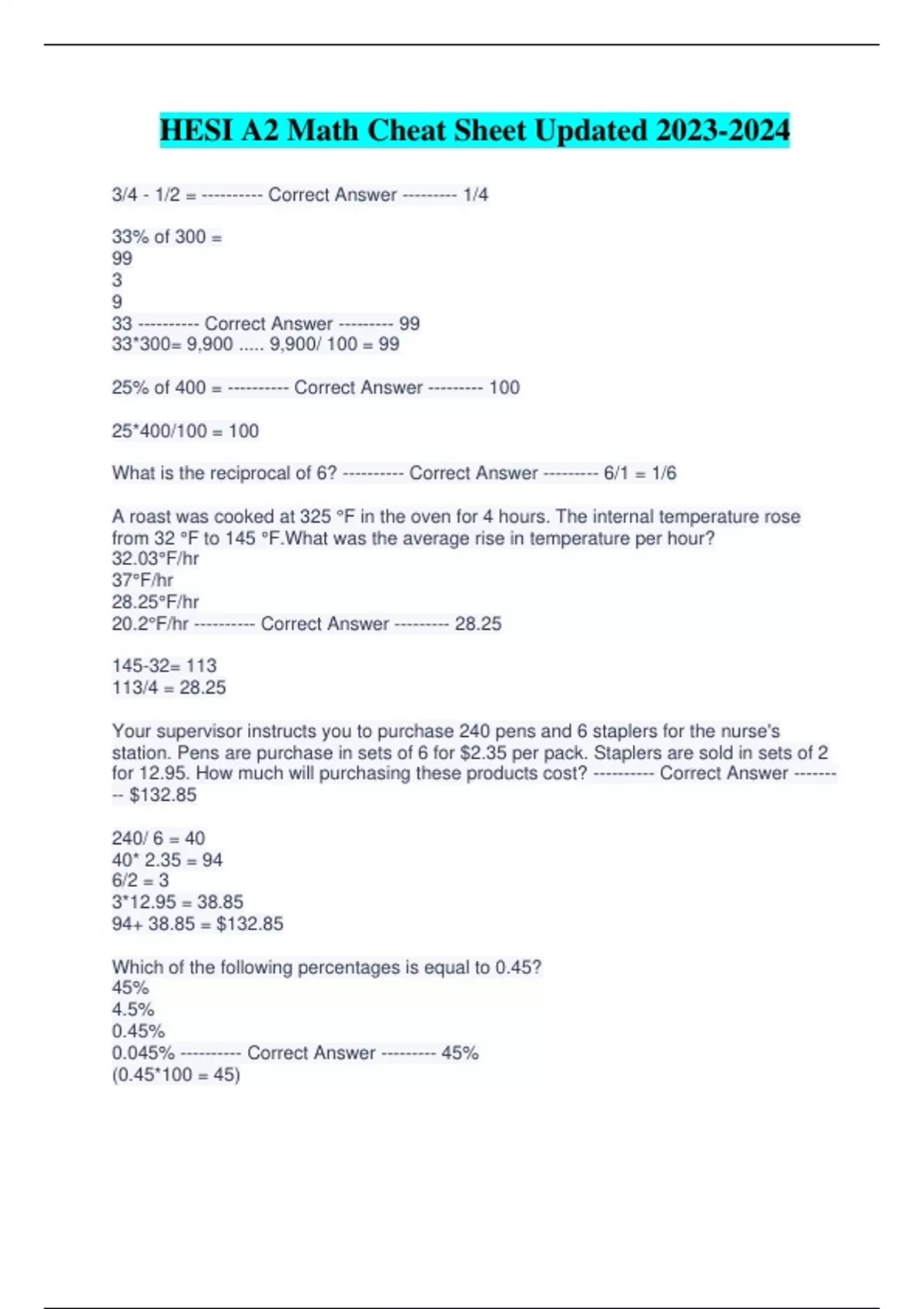 HESI A2 Math Cheat Sheet Updated HESI A2 Math Cheat Sheet Stuvia US