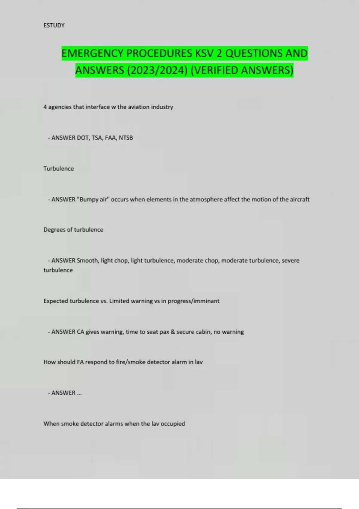 EMERGENCY PROCEDURES KSV 2 QUESTIONS AND ANSWERS (2023/2024) (VERIFIED ...