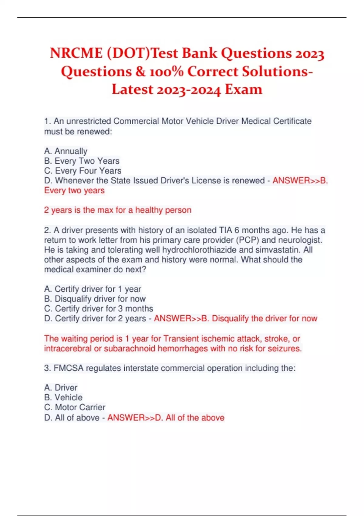 NRCME (DOT)Test Bank Questions 2023 Questions & 100% Correct Solutions ...