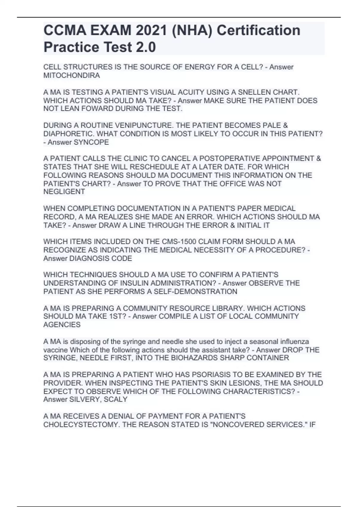 CCMA EXAM 2021 (NHA) Certification Practice Test 2.0 WITH COMPLETE ...