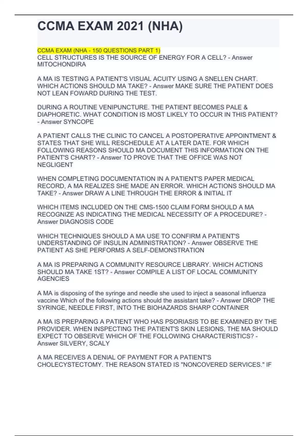 CCMA EXAM (NHA) WITH COMPLETE VERIFIED SOLUTIONS A+ GRADE LATEST UPDATE ...