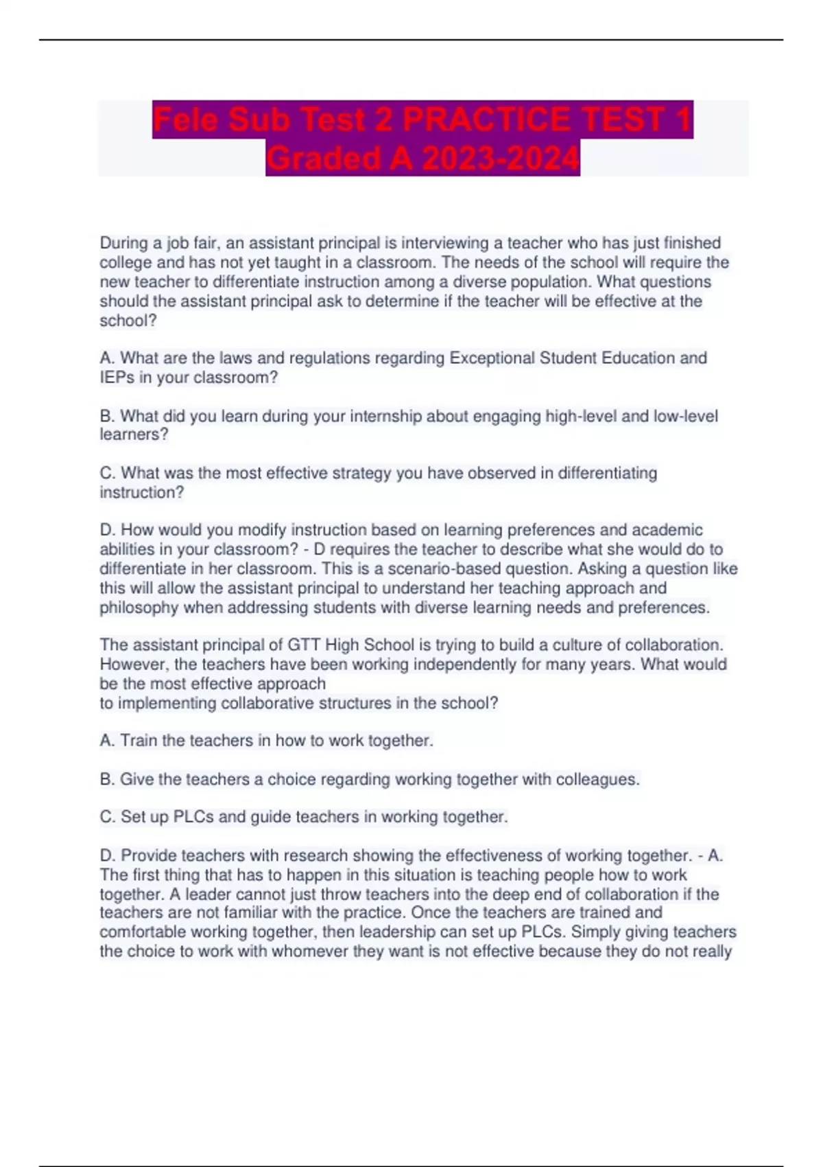 Fele Sub Test 2 PRACTICE TEST 1 Graded A - Fele - Stuvia US