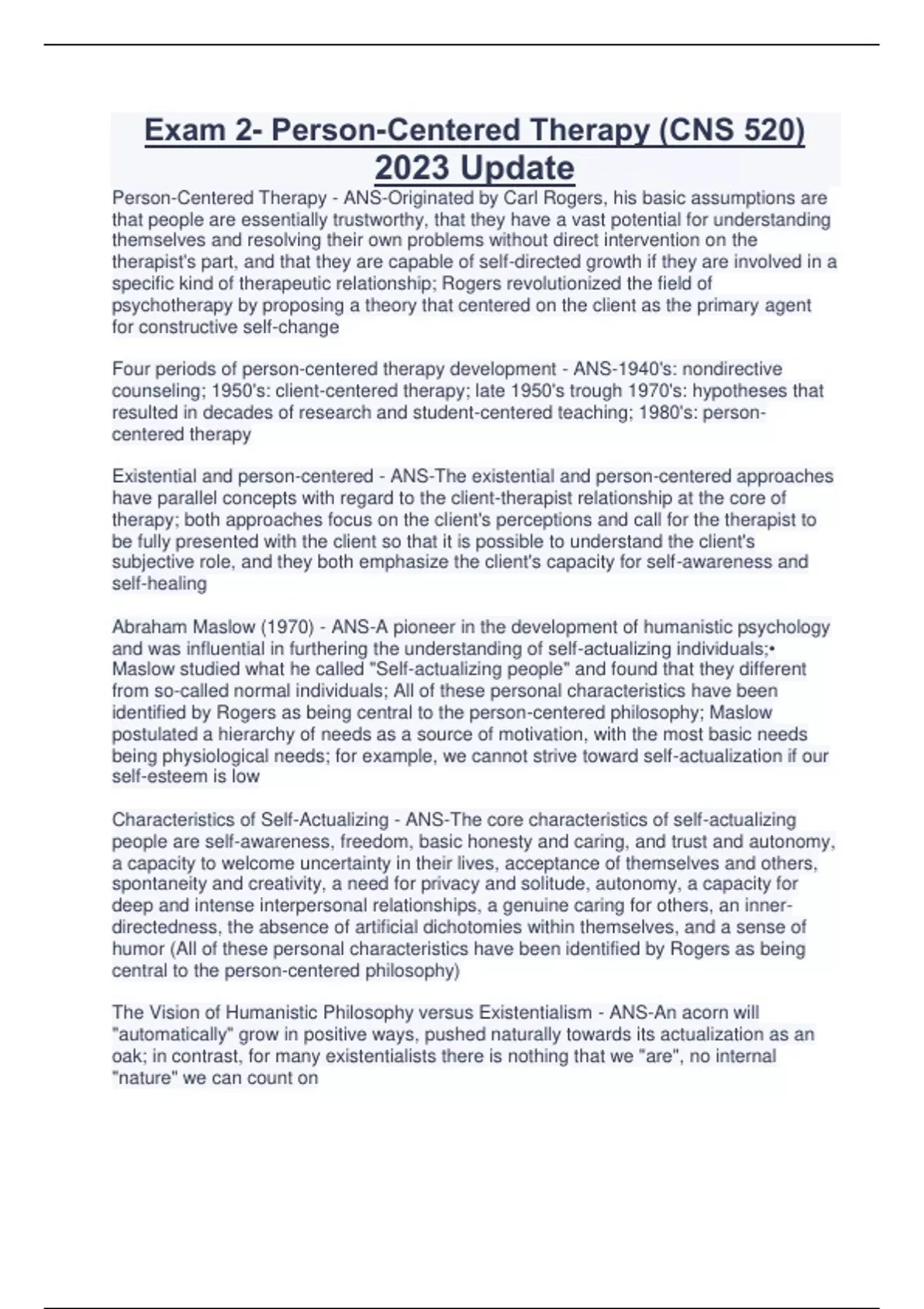 Chapter 7- Person-Centered Therapy Exam 2023, Ch. 7 Person Centered ...