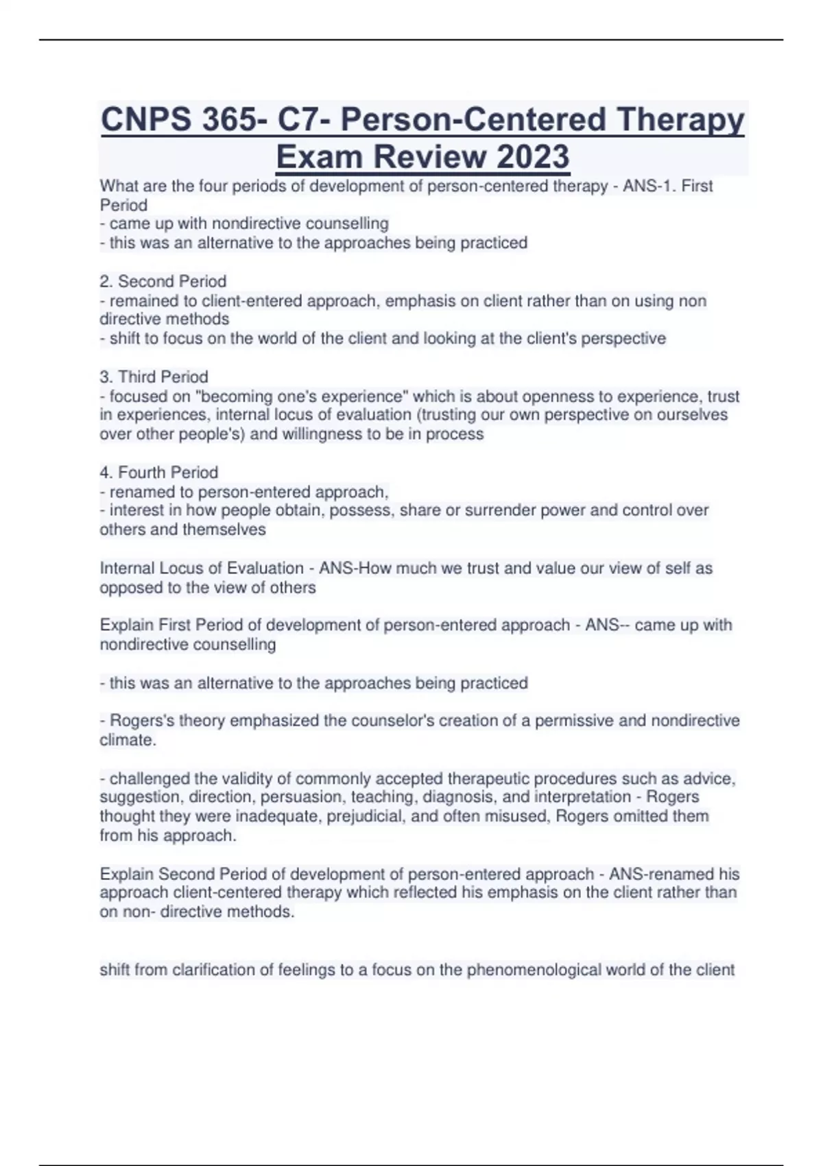 CNPS 365- C7- Person-Centered Therapy Exam Review 2023 - CNPS 365 ...