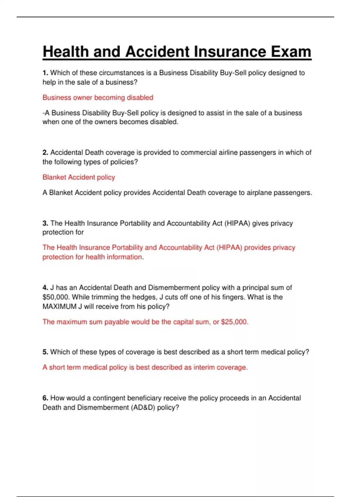 HEALTH AND ACCIDENT INSURANCE EXAM. QUESTIONS WITH 100% EXAM - Life ...