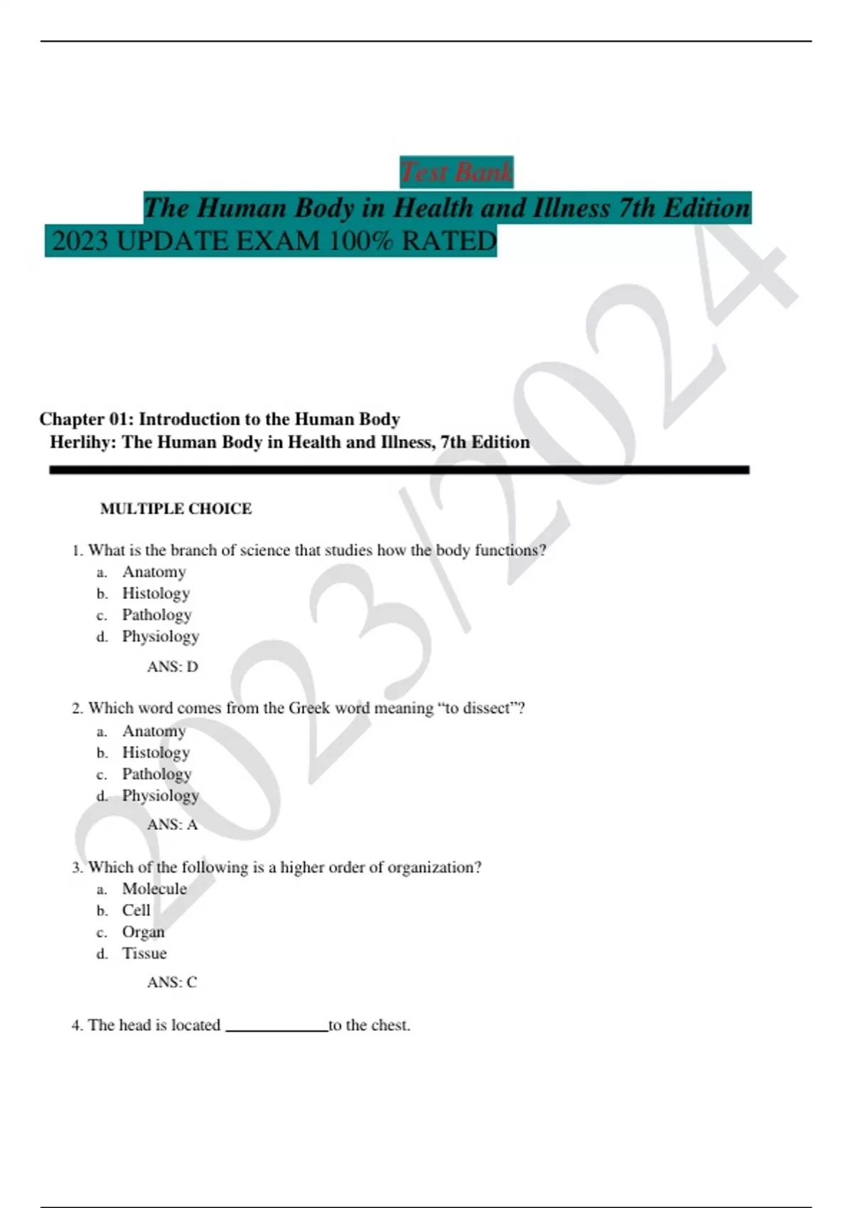 Test Bank The Human Body in Health and Illness 7th Edition 2023 UPDATE ...