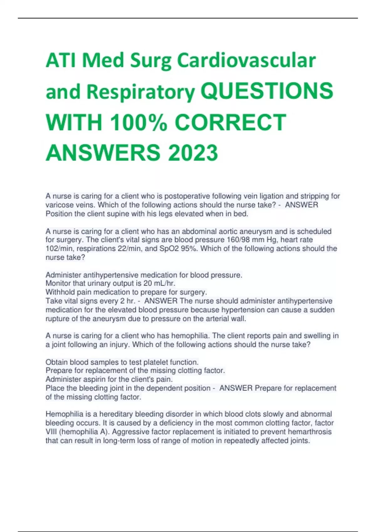 ATI Med Surg Cardiovascular and Respiratory QUESTIONS WITH 100% CORRECT ...