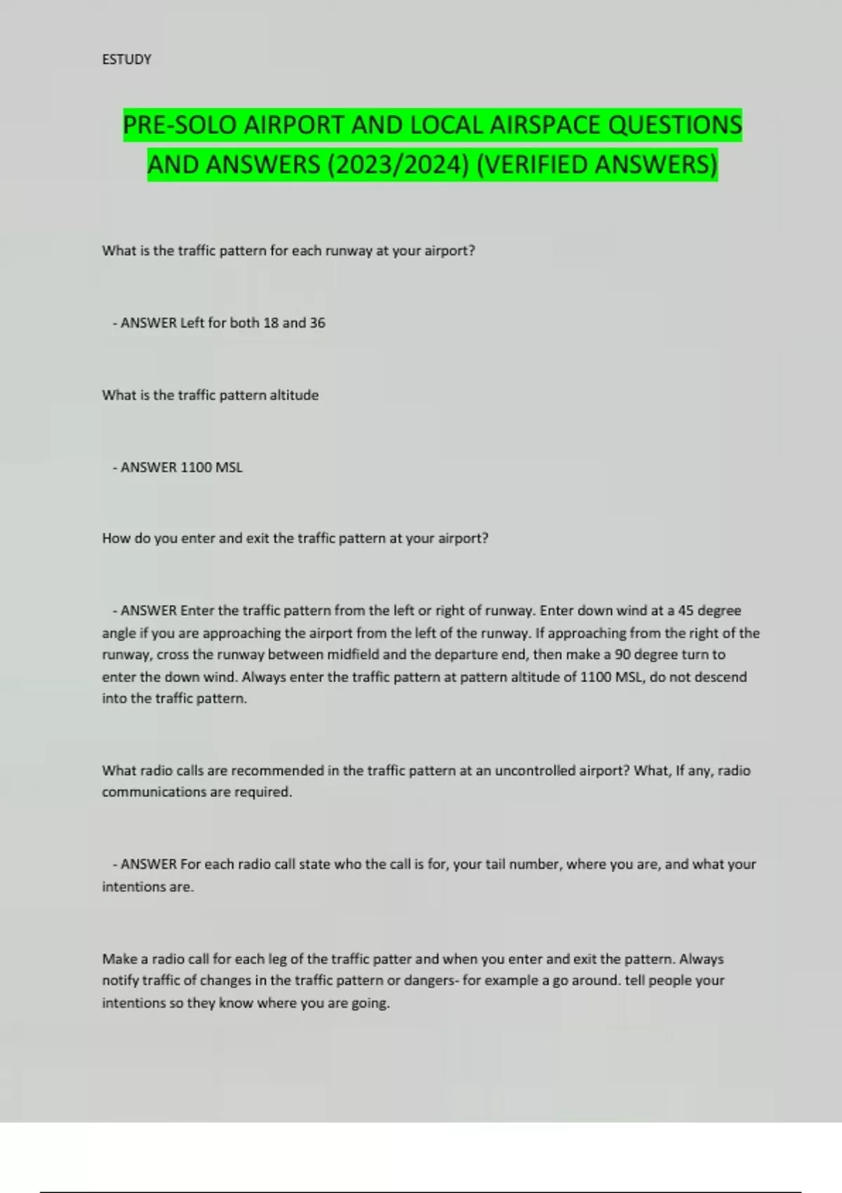 PRE-SOLO AIRPORT AND LOCAL AIRSPACE QUESTIONS AND ANSWERS (2023/2024) (VERIFIED ANSWERS) - PRE ...