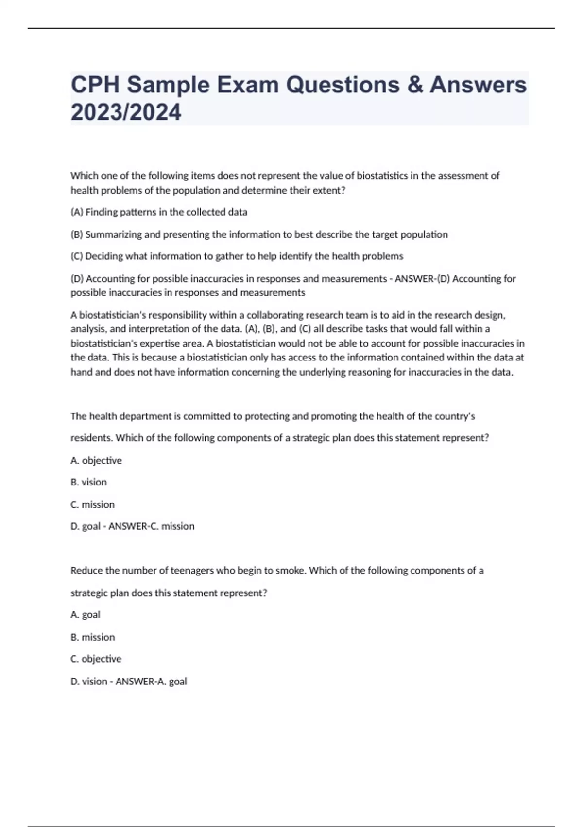 CPH Sample Exam Questions & Answers 2023/2024 - CPH Sample - Stuvia US