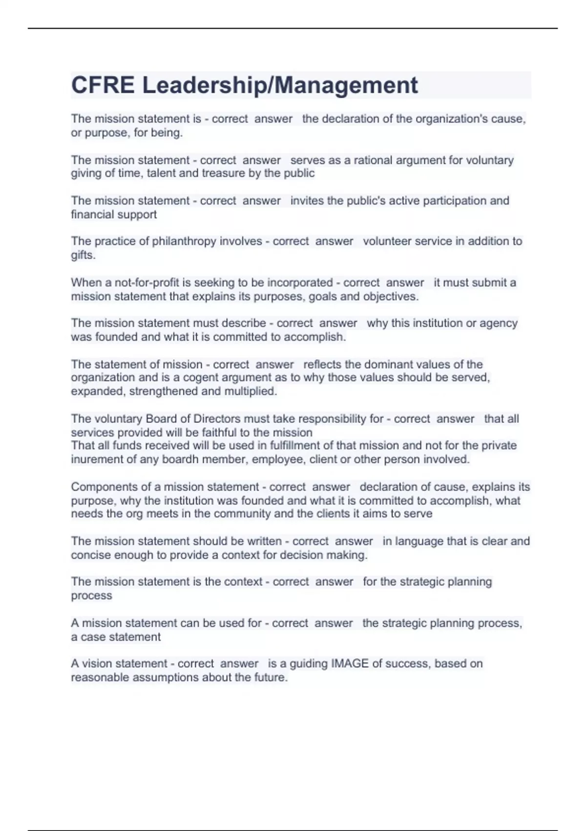 CFRE Leadership Question and answers 100% correct 2023 - CFRE - Stuvia US