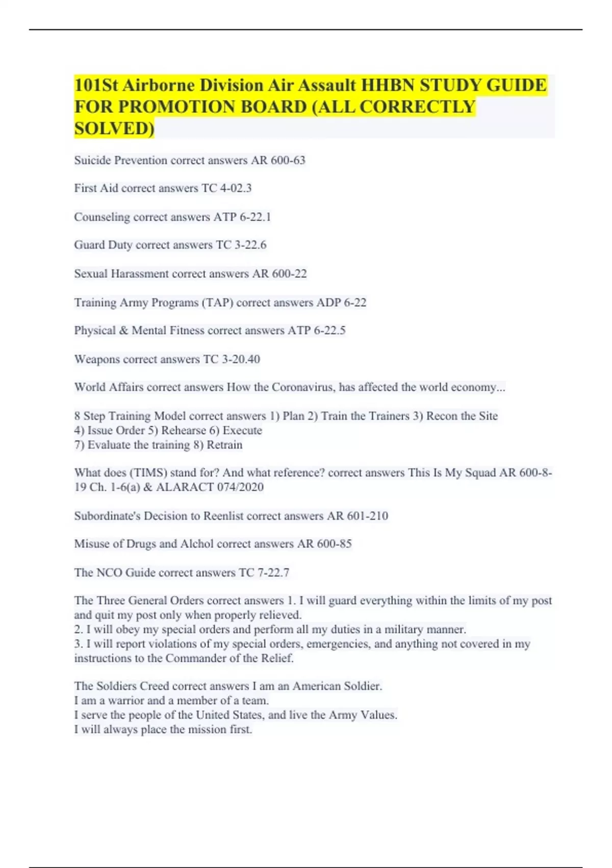 101St Airborne Division Air Assault HHBN STUDY GUIDE FOR PROMOTION ...