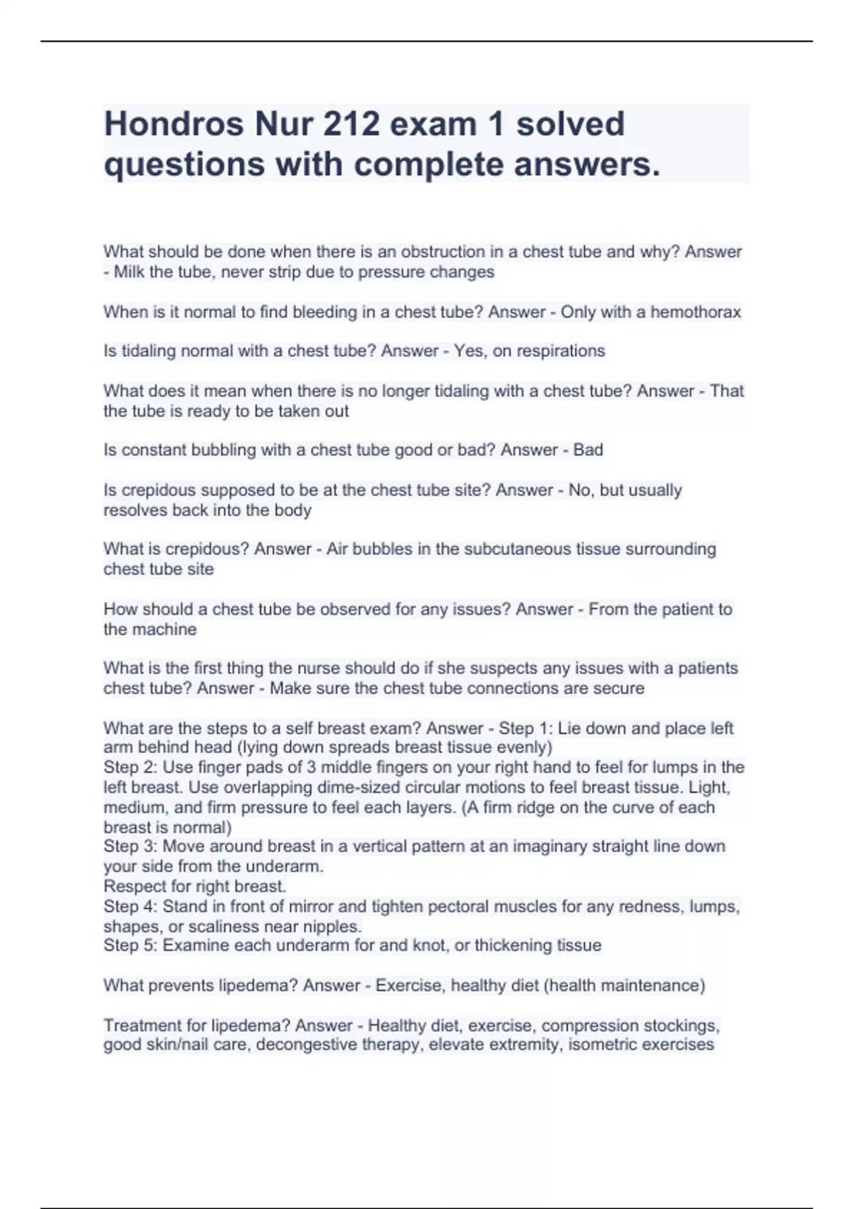 Hondros Nur 212 exam 1 solved questions with complete answers. - Hondros Nur 212 - Stuvia US