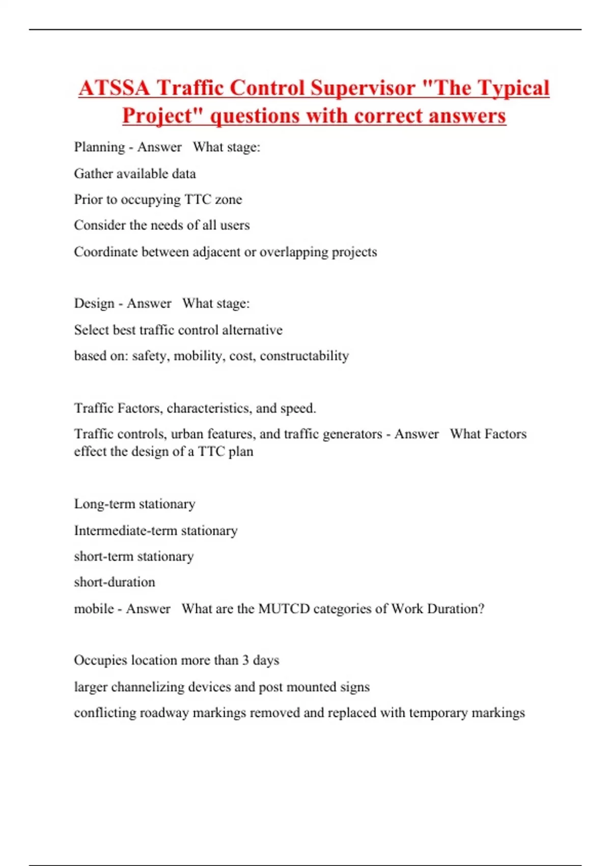 Atssa Traffic Control Supervisor The Typical Project Questions With Correct Answers Atssa