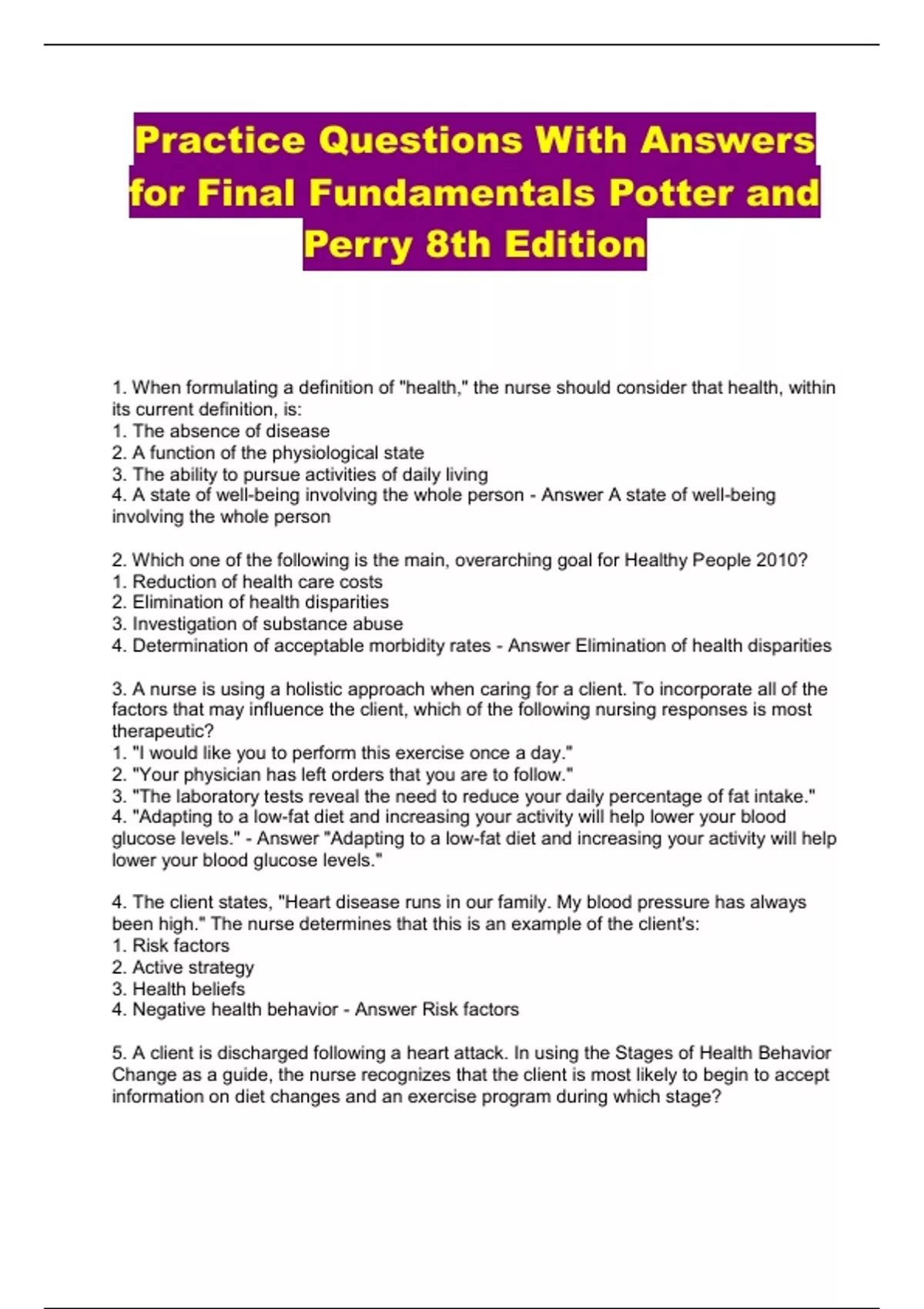 Practice Questions With Answers for Final Fundamentals Potter and Perry ...