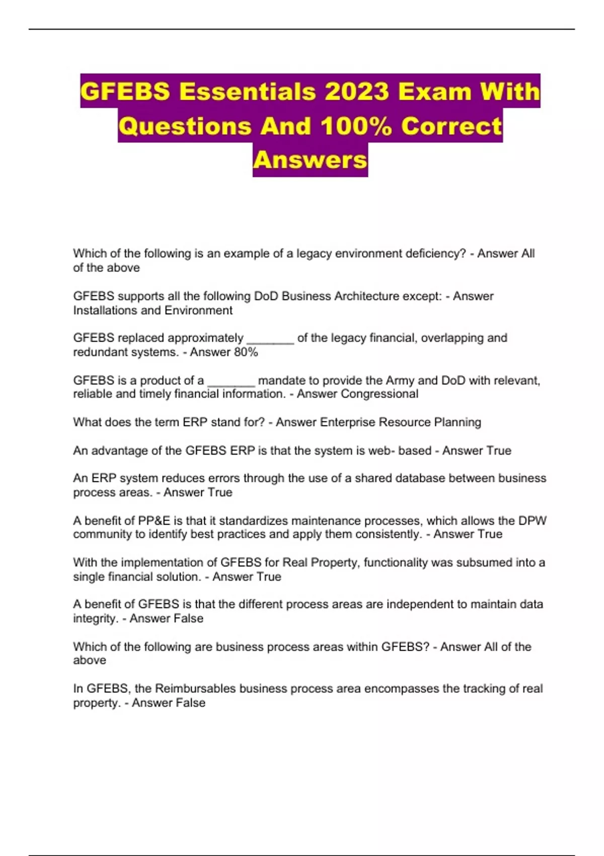 GFEBS Essentials 2023 Exam With Questions And 100% Correct Answers ...