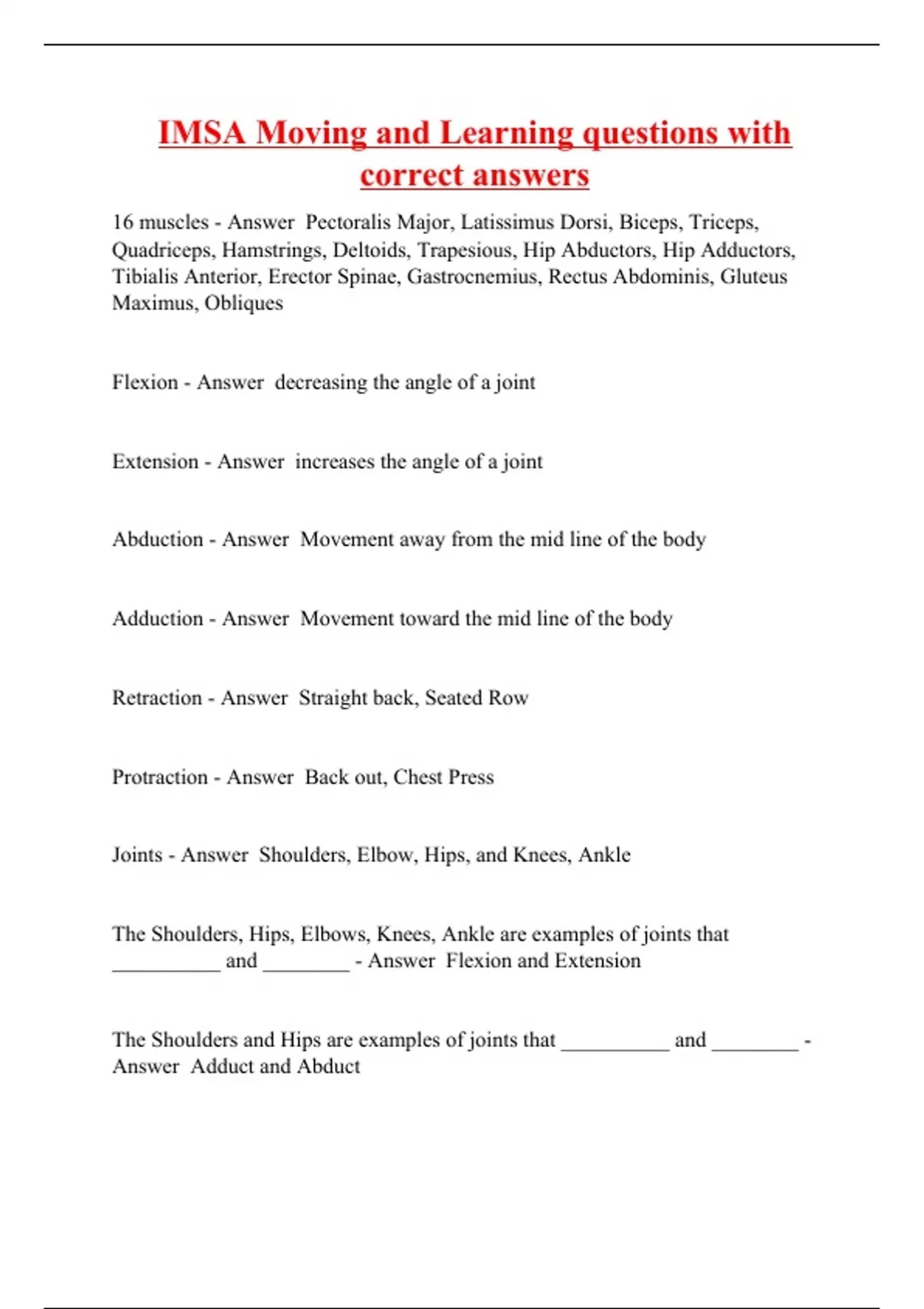 IMSA Moving and Learning questions with correct answers - IMSA - Stuvia US