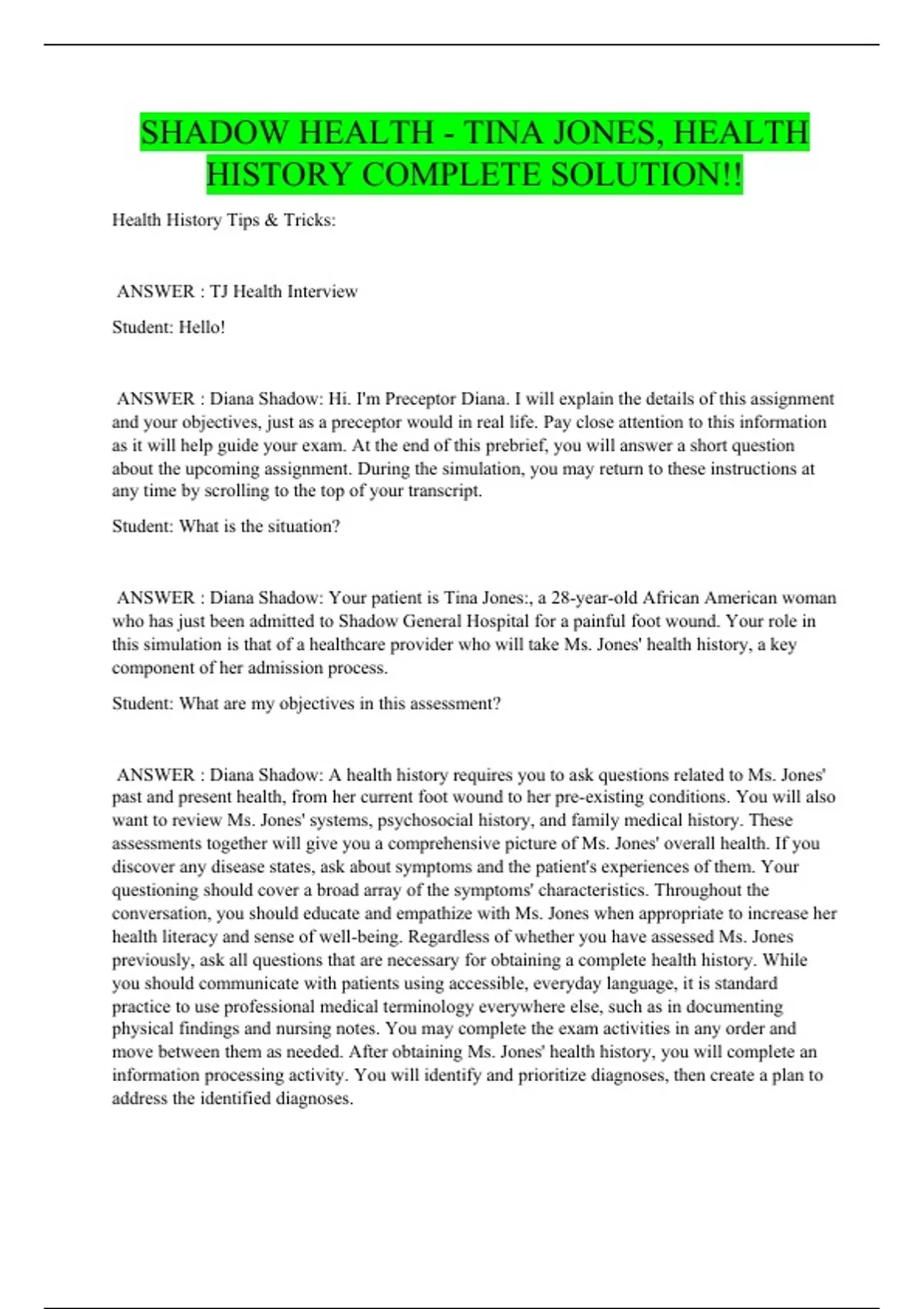 SHADOW HEALTH - TINA JONES, HEALTH HISTORY COMPLETE SOLUTION!! - SHADOW ...